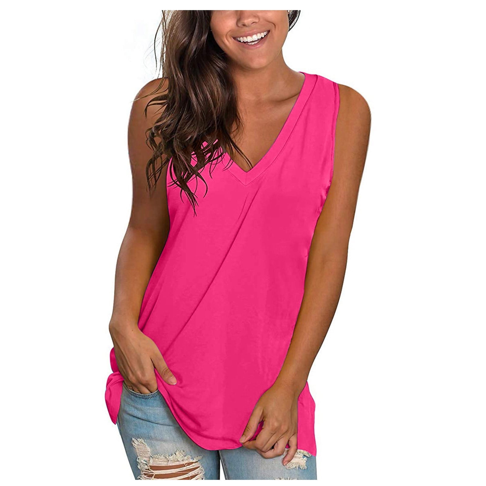 Nnhblu Hot Pink Womens V Neck Tank Tops Casual Cami Sleeveless Pullover ...
