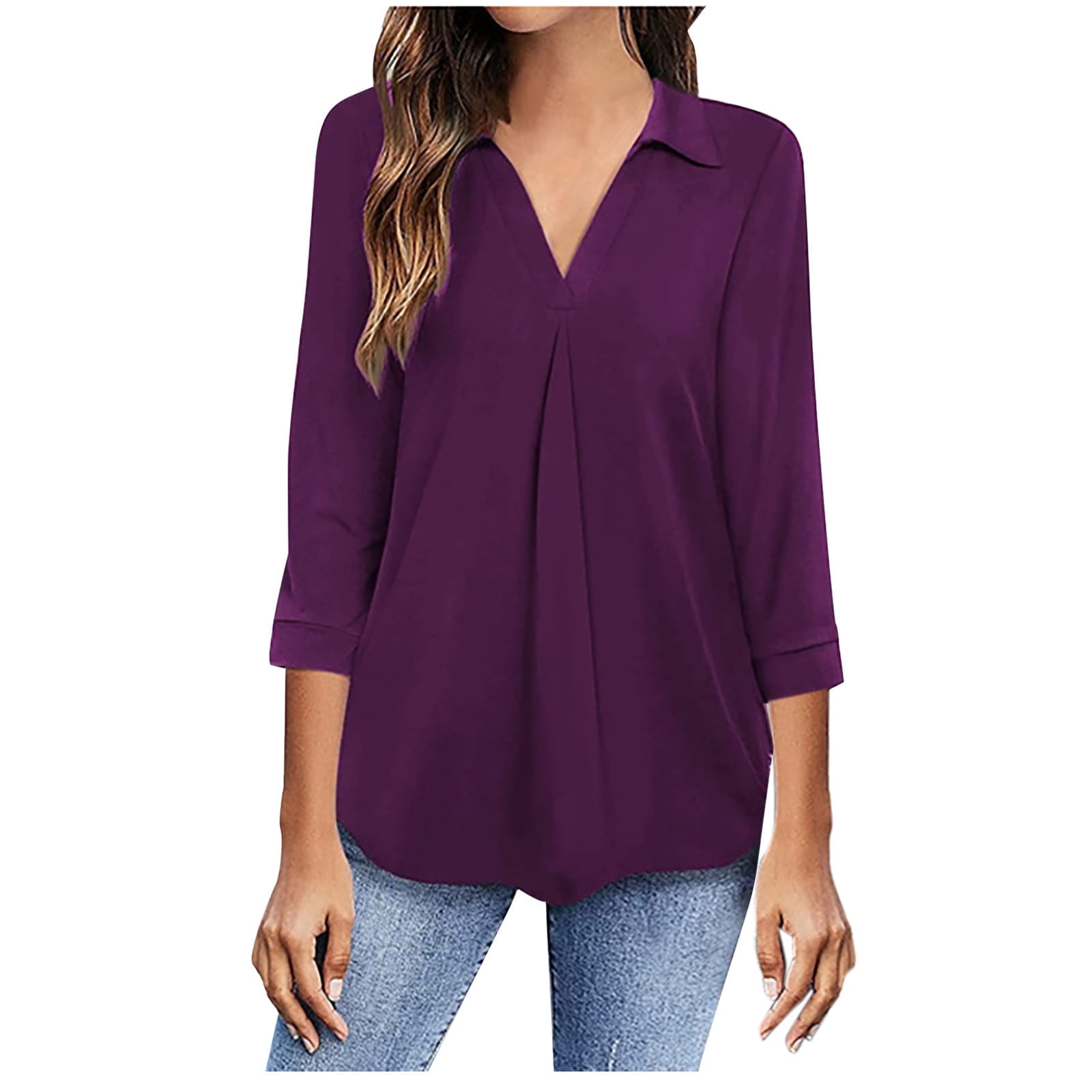 Nnhblu Purple Womens Blouses V Neck 3/4 Sleeve Shirts Business Casual ...