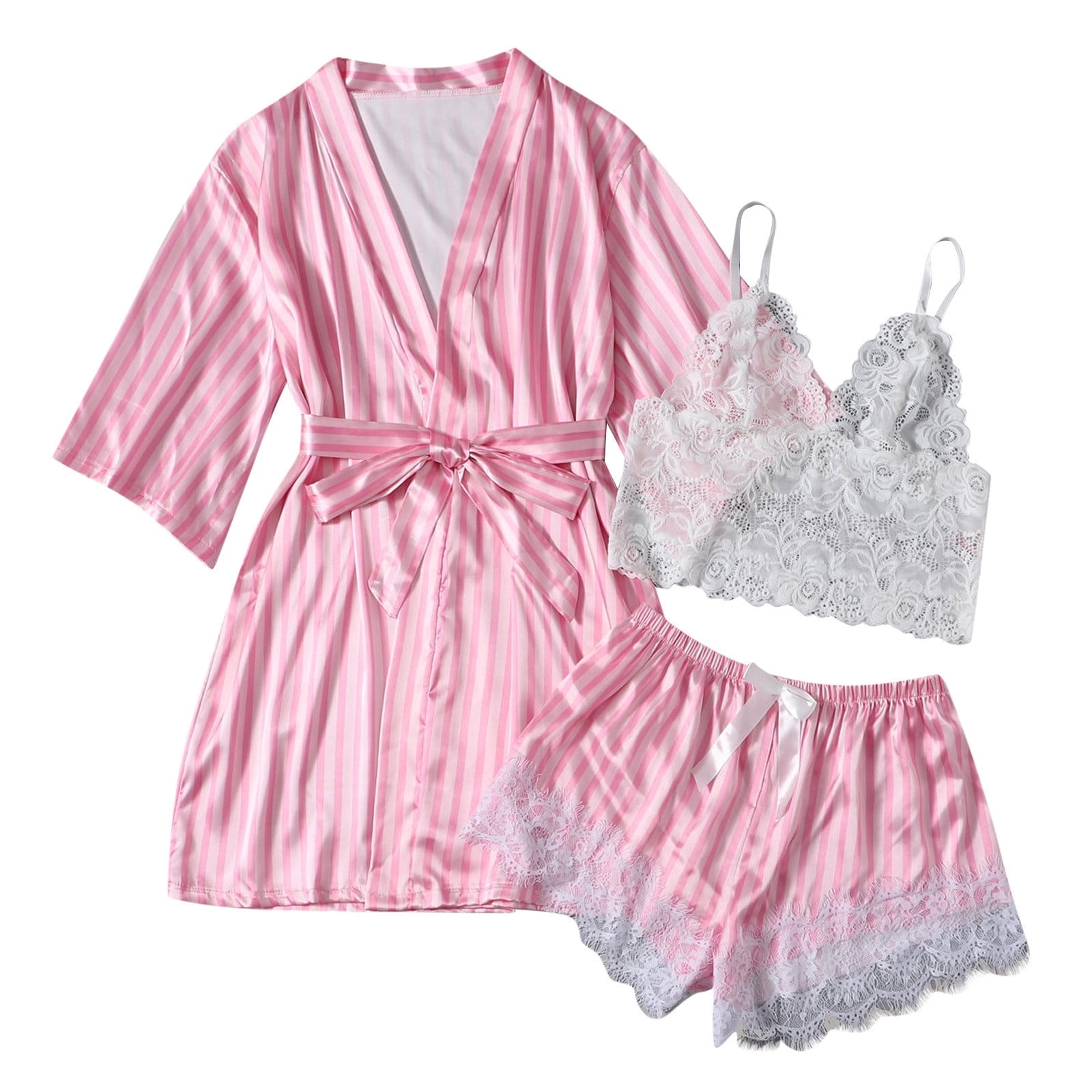 Yufatyle Women's Robes Lace Sleepwear Soft 3 Piece Pink Pajama Set ...