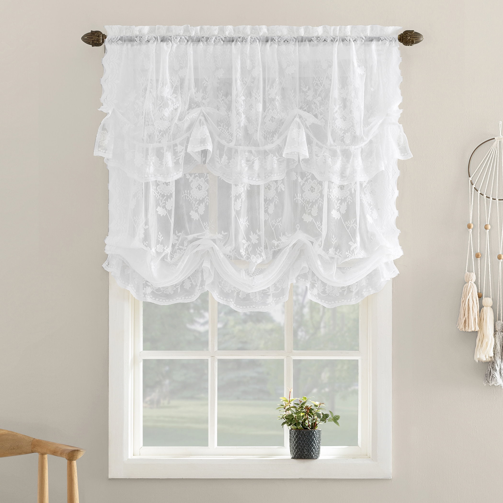 No. 918 Alison Floral Lace Sheer Rod Pocket Window Tie-up Shade, 58"x64 ...