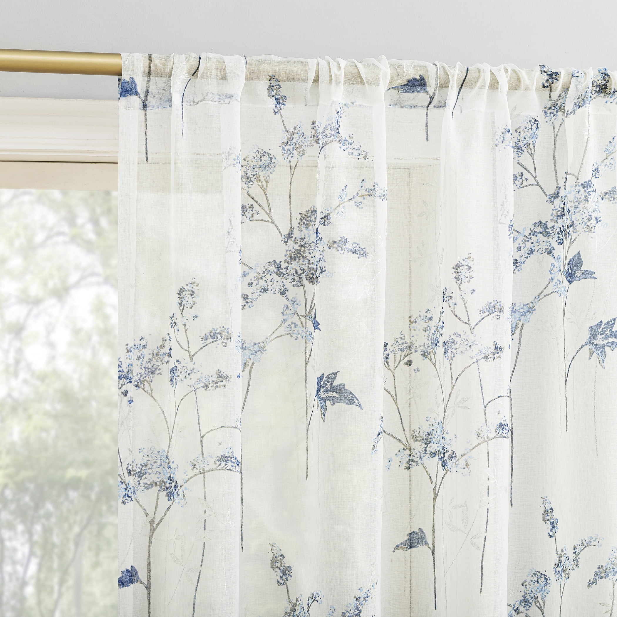 No. 918 Margot Botanical Print Sheer Rod Pocket Curtain Panel, 50"W X ...