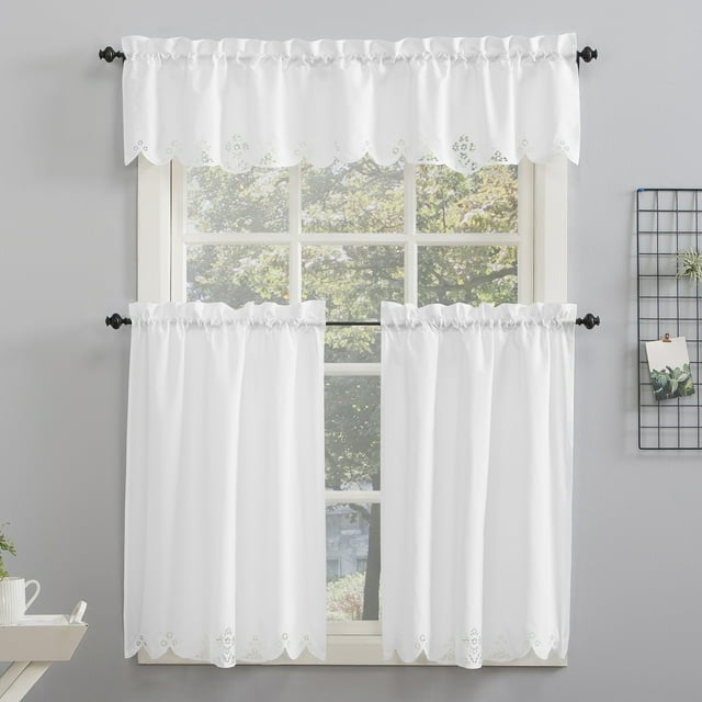 No. 918 Mariela Floral Trim Semi-Sheer Rod Pocket Kitchen Curtain Set ...