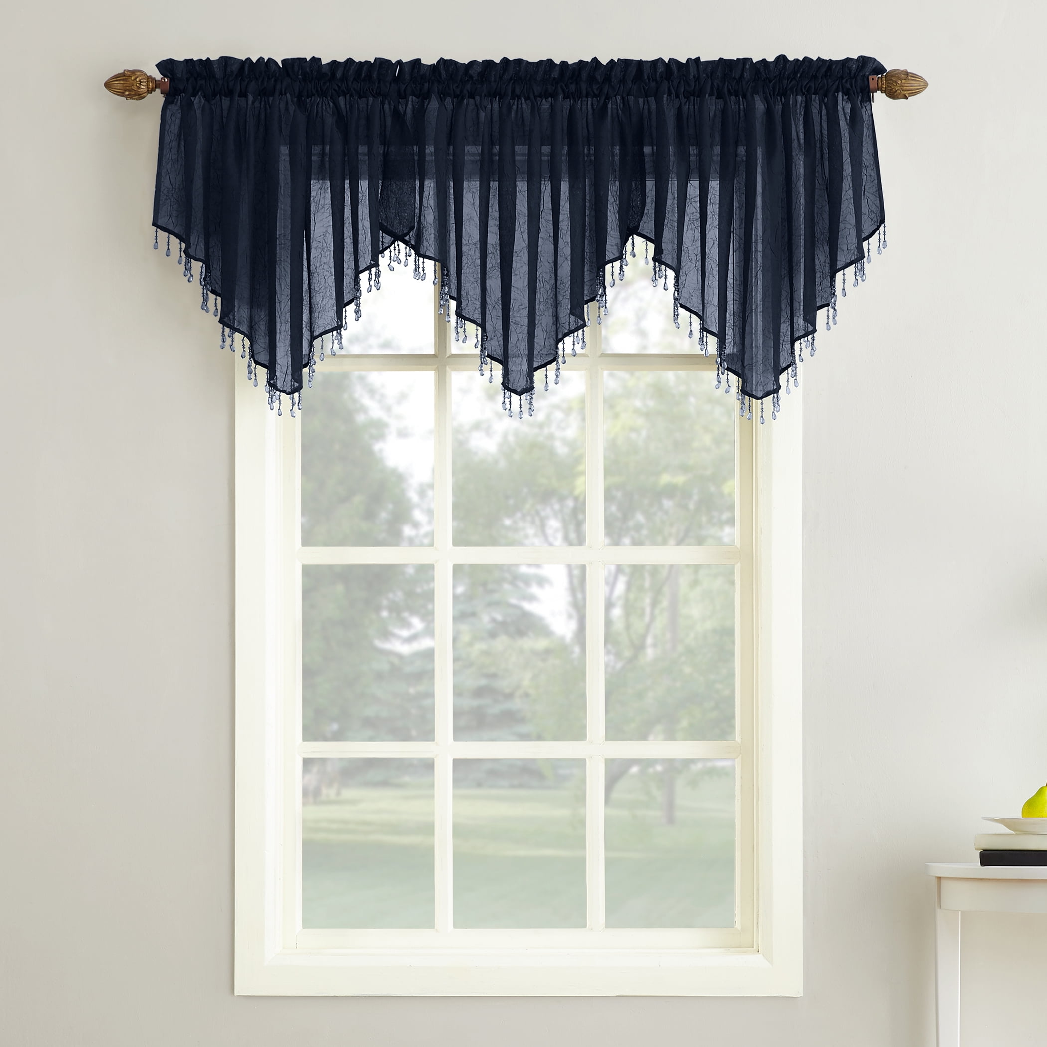No. 918 Jillian Crushed Voile Ascot Beaded Sheer Valance, 51"x24", Navy ...