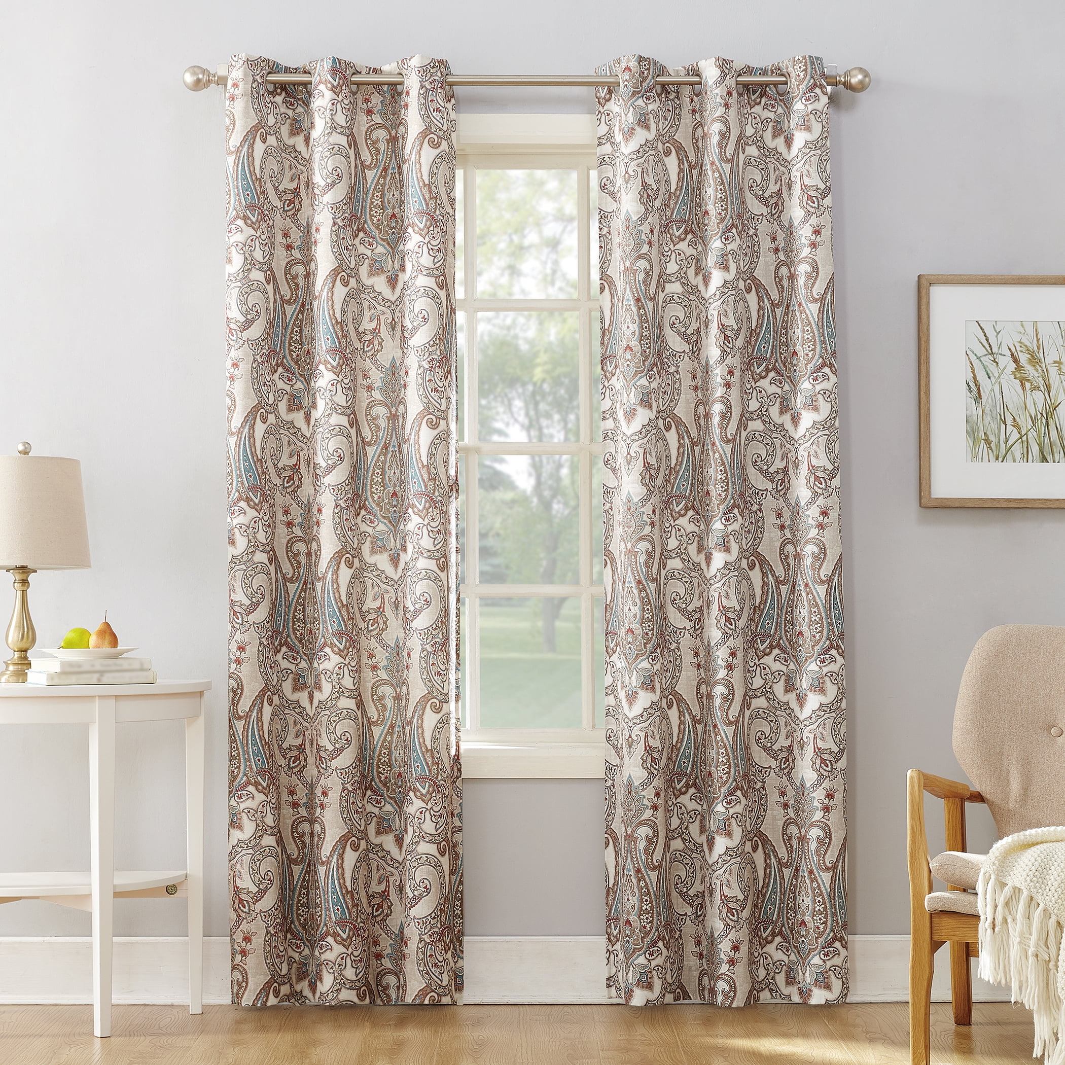 No. 918 Sora Damask Print Semi-Sheer Casual Textured Grommet Curtain ...