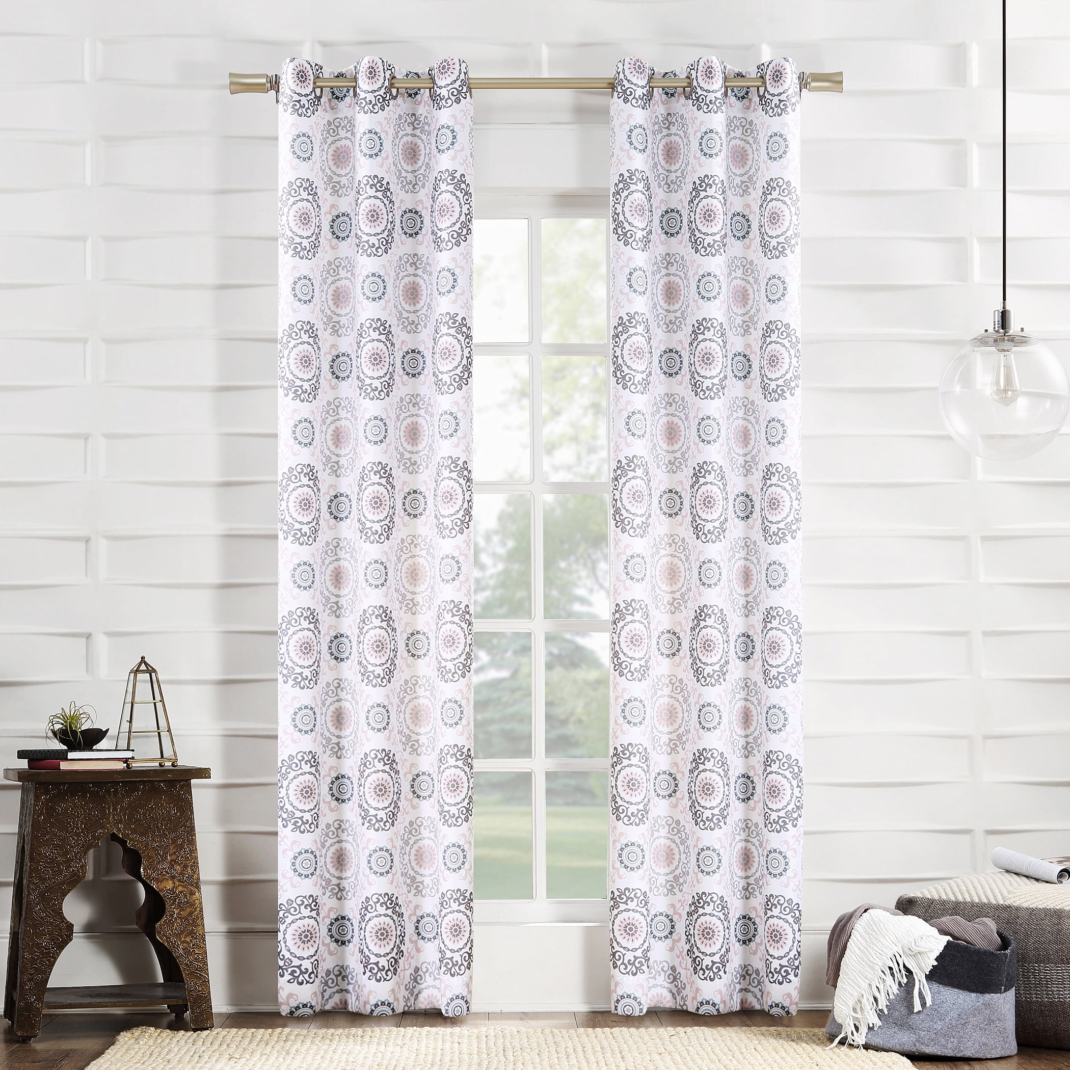 No. 918 Sora Medallion Print Semi-Sheer Grommet Curtain Panel, Blush ...
