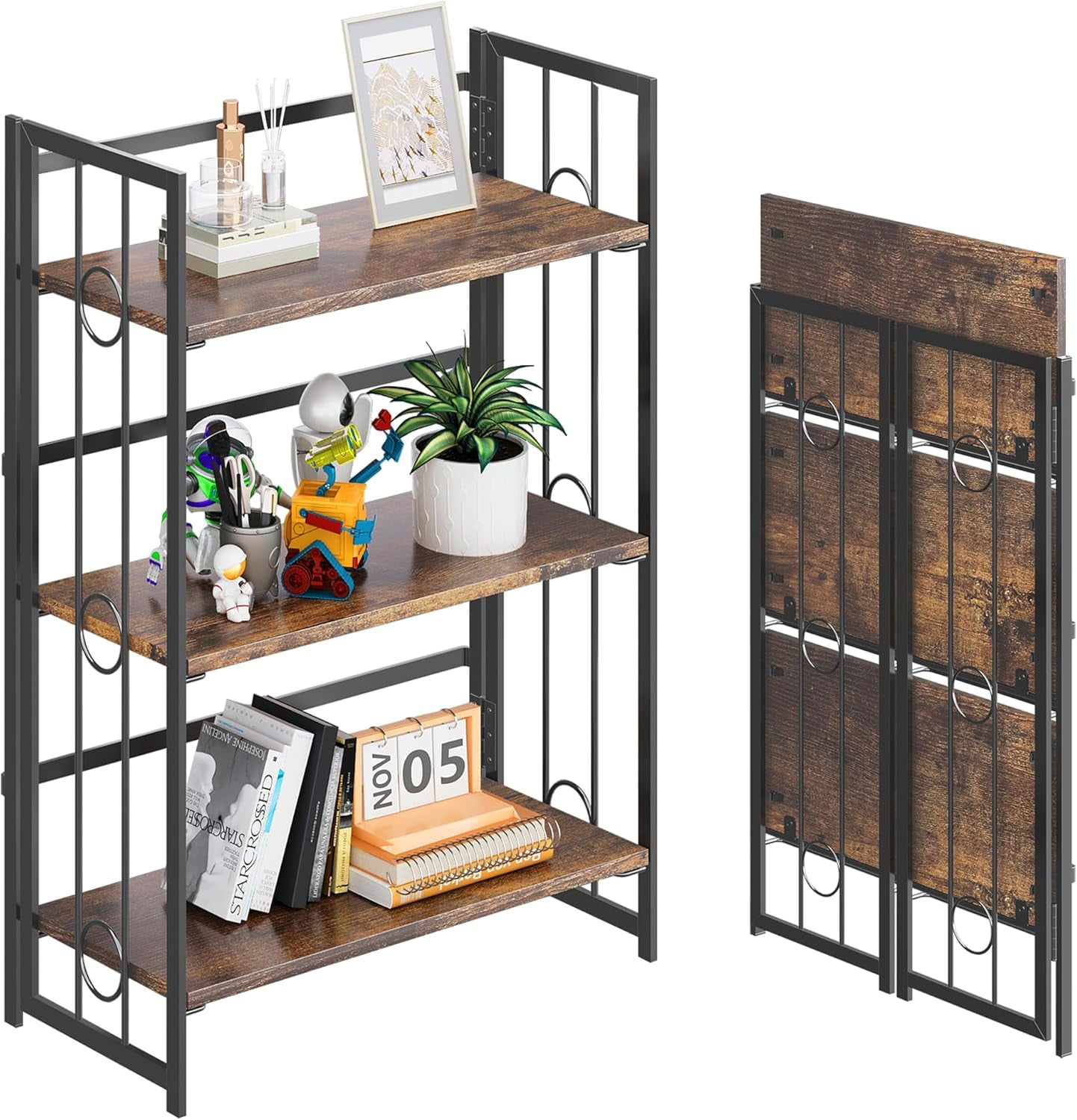 No-Assembly 3 Tiers Folding Bookshelf Storage Shelves Vintage Bookcase ...