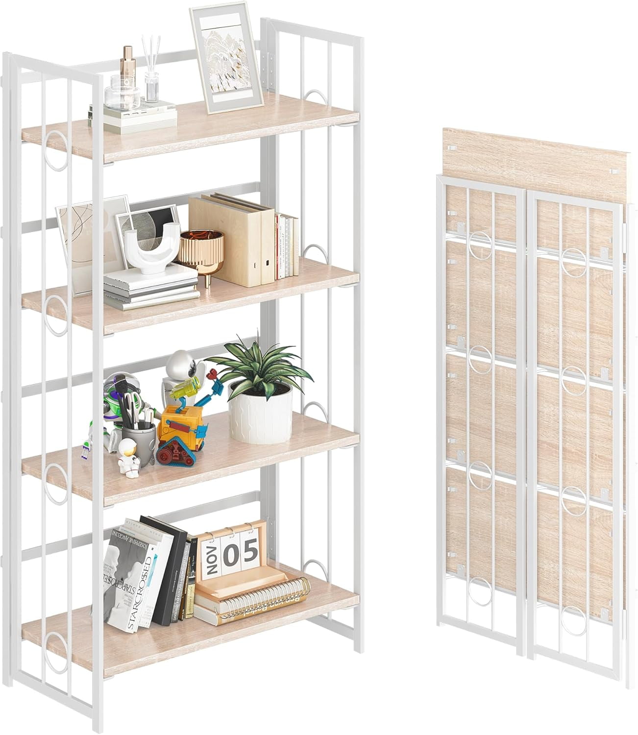 No-Assembly 4 Tiers Folding Bookshelf Storage Shelves Vintage Bookcase ...
