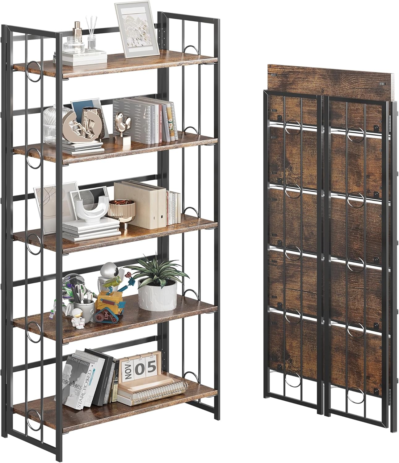 No-Assembly 5 Tier Folding Bookshelf Storage Shelves Vintage Bookcase ...