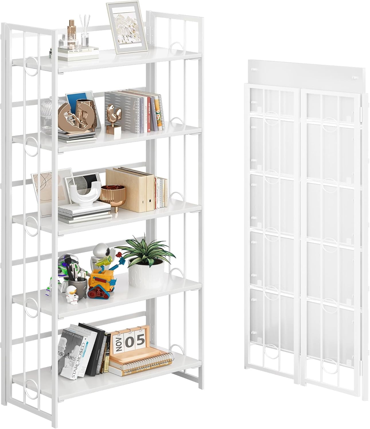 No-Assembly 5 Tiers Folding Bookshelf Storage Shelves Vintage Bookcase ...