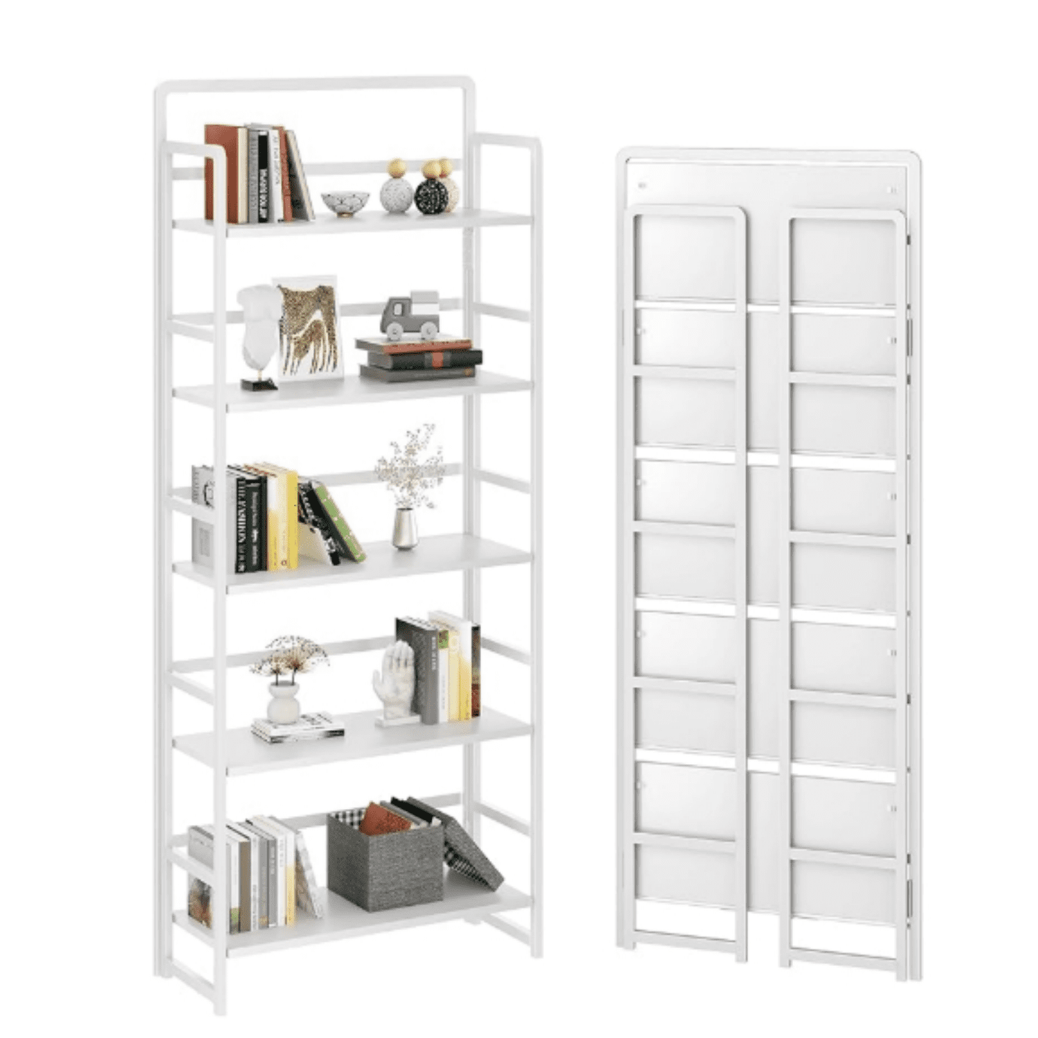 No-Assembly 5 Tiers Folding Bookshelf Storage Shelves Vintage Bookcase ...