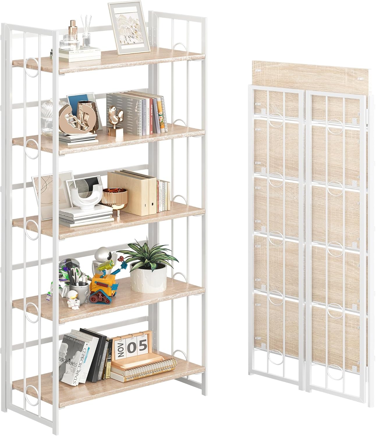 No-Assembly 5 Tiers Folding Bookshelf Storage Shelves Vintage Bookcase ...