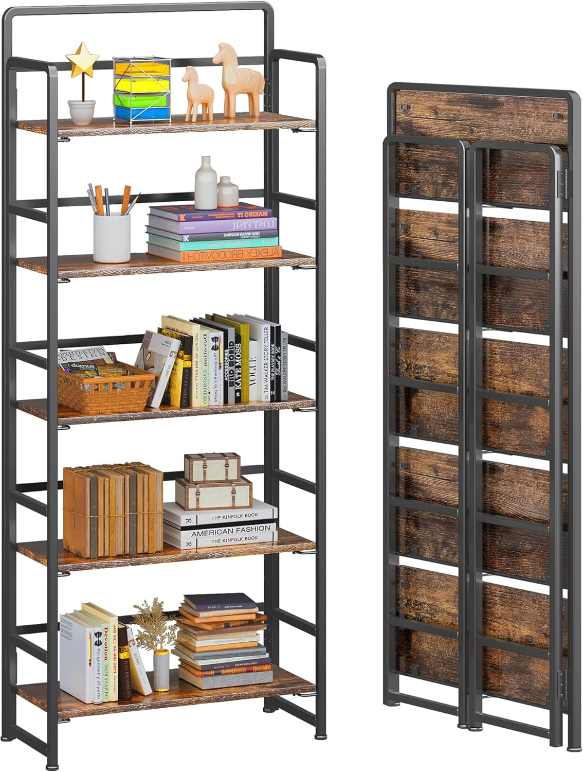 No-Assembly 5 Tiers Folding Bookshelf Storage Shelves Vintage Bookcase ...