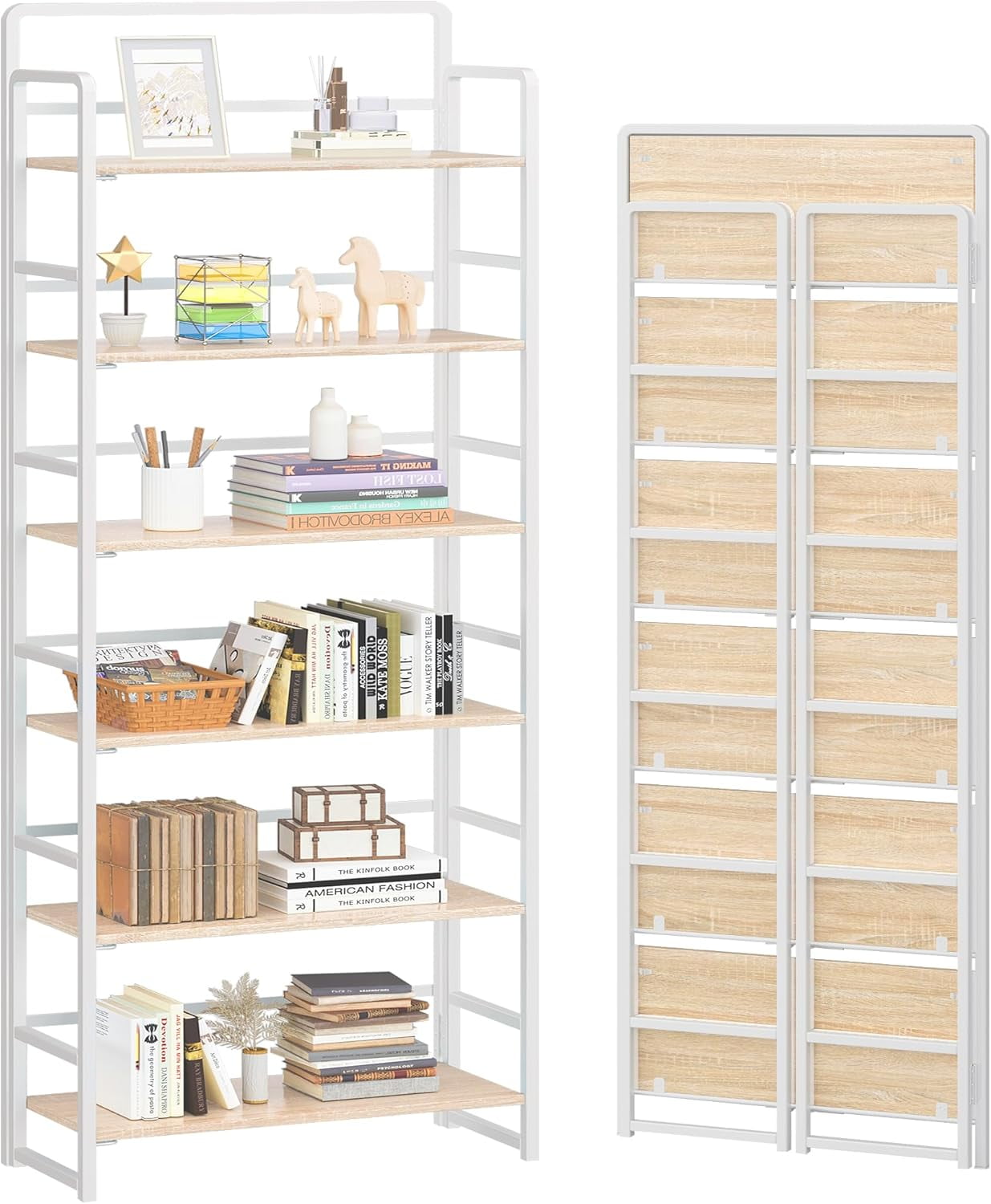 No-Assembly 6 Tier Folding Bookshelf Storage Shelves Vintage Bookcase ...