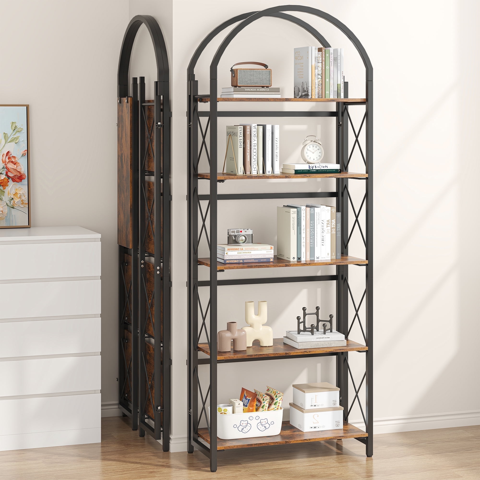 Folding Arched Bookshelf, 5-Tier Bookcase Display Rack with Storage ...
