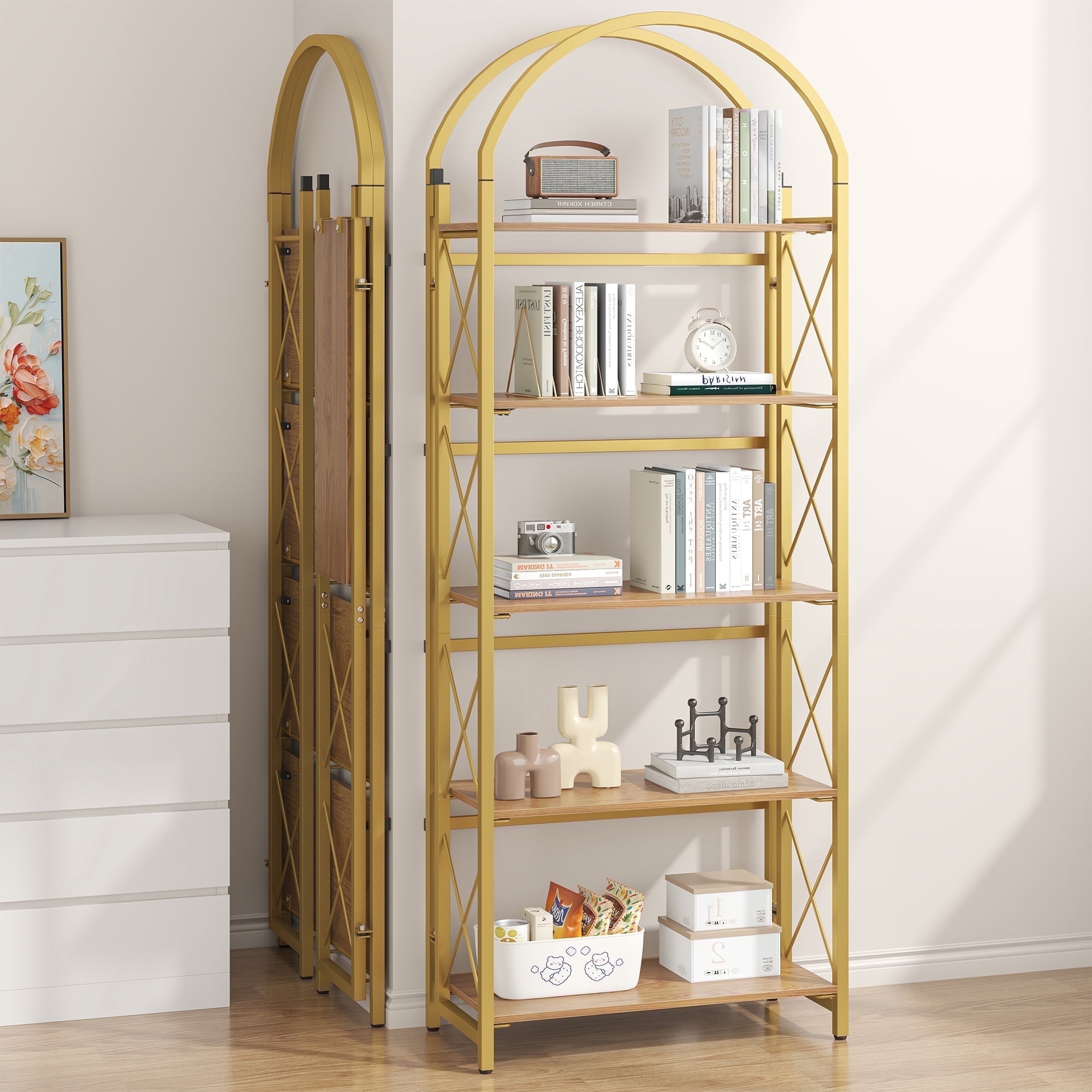 5-Tier Folding Arched Bookshelf, Bookcase Display Rack with Storage ...