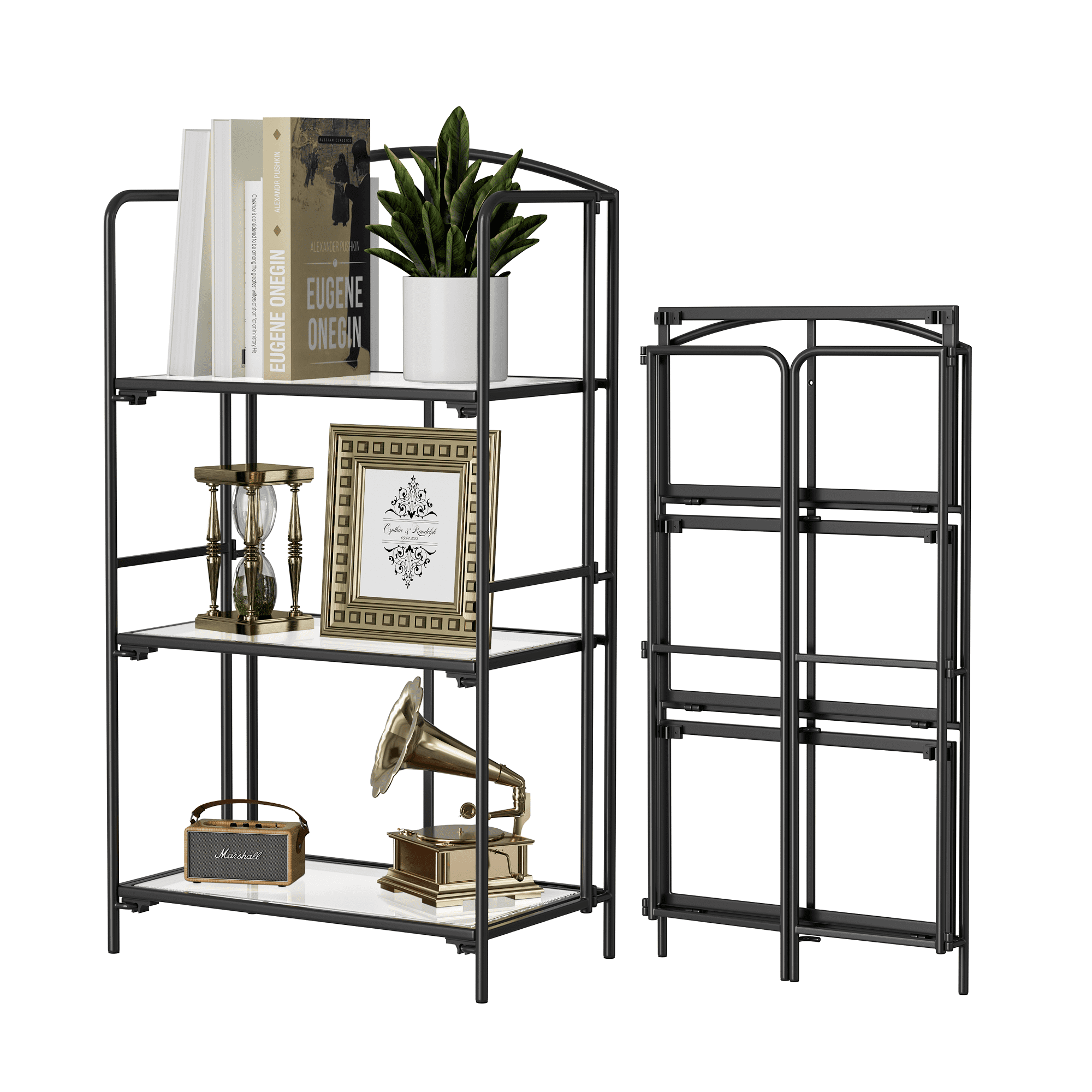No Assembly Folding Bookshelf, 3 Tier Black Bookshelf, Metal Book Shelf ...