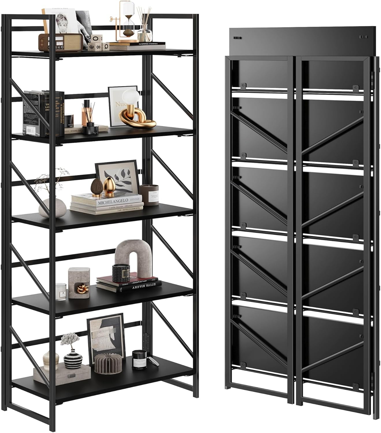 No Assembly Folding Bookshelf, 5 Tier Industrial Metal Book Shelf for ...