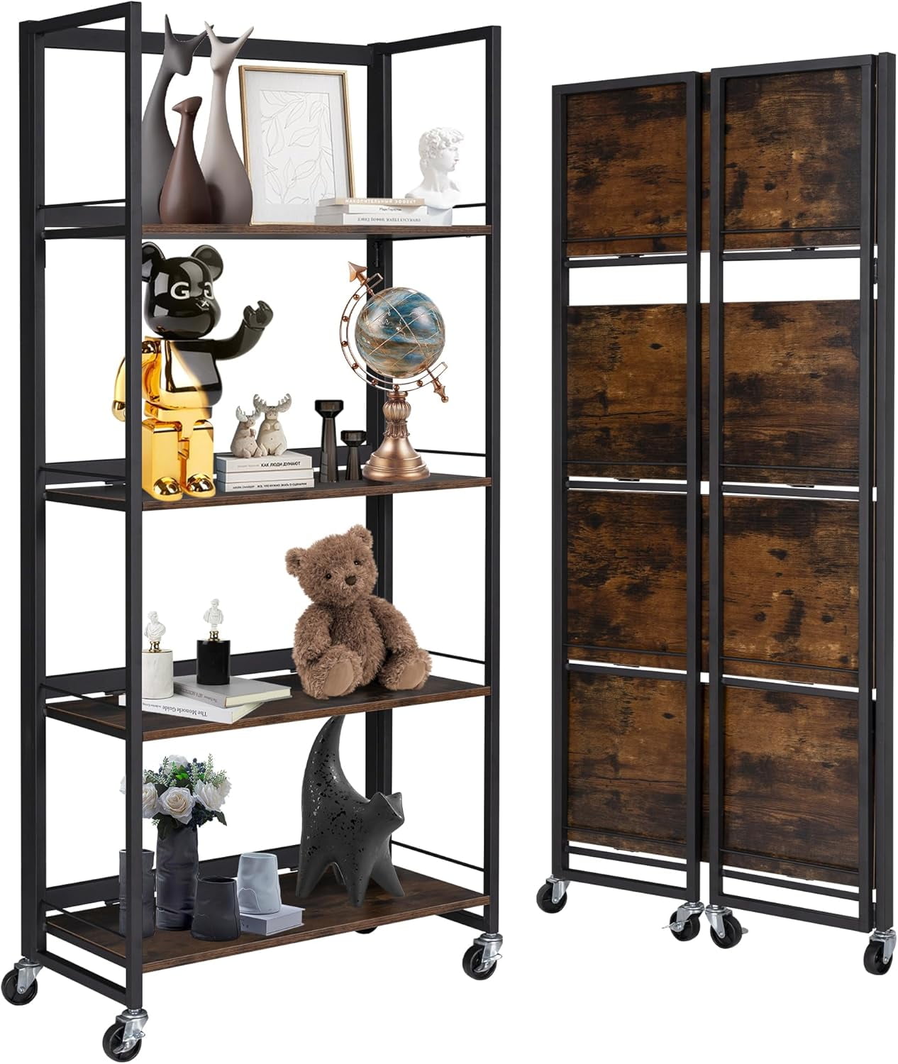 No-Assembly Folding Bookshelf Storage Rack Shelves with Castors 4 Tiers ...