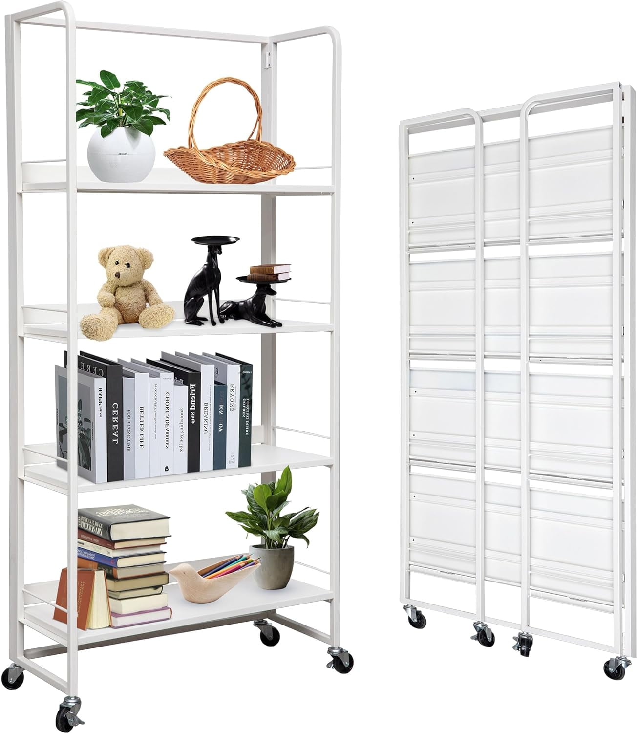 No-Assembly Folding Bookshelf Storage Rack Shelves with Castors 4 Tiers ...