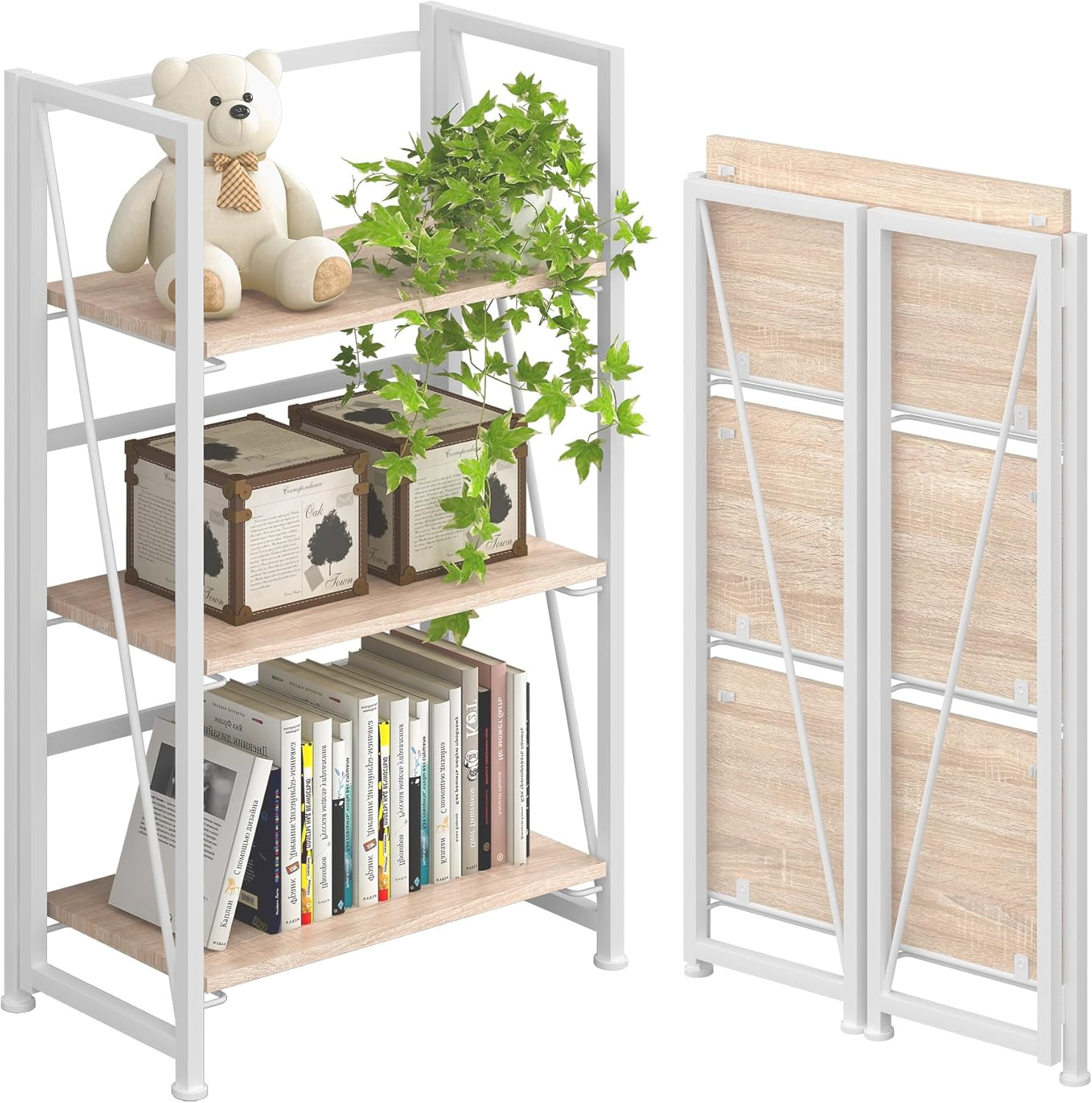 No-Assembly Folding Bookshelf Storage Shelves 3 Tiers Vintage Bookcase ...