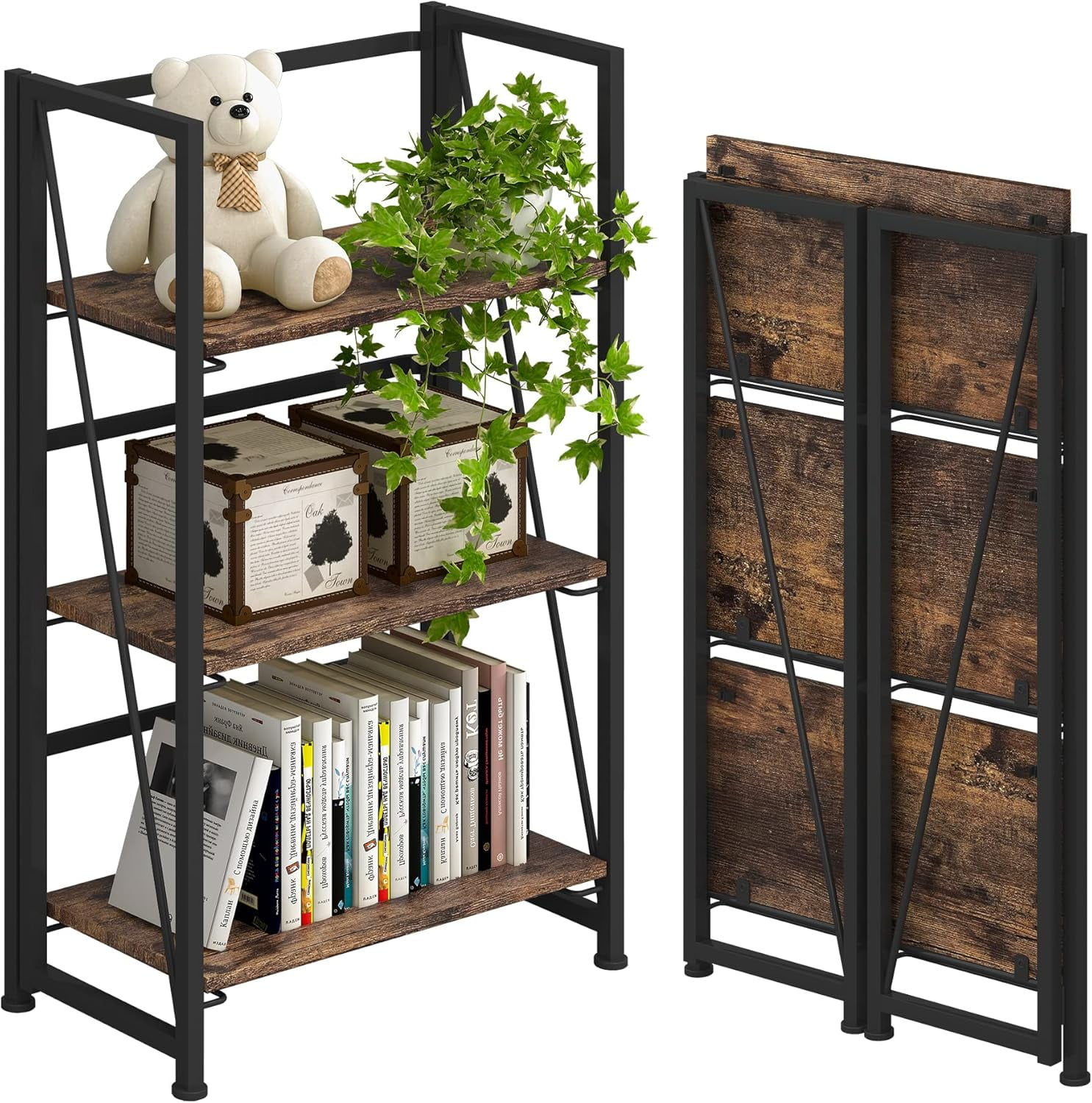 No-Assembly Folding Bookshelf Storage Shelves 3 Tiers Vintage Bookcase ...