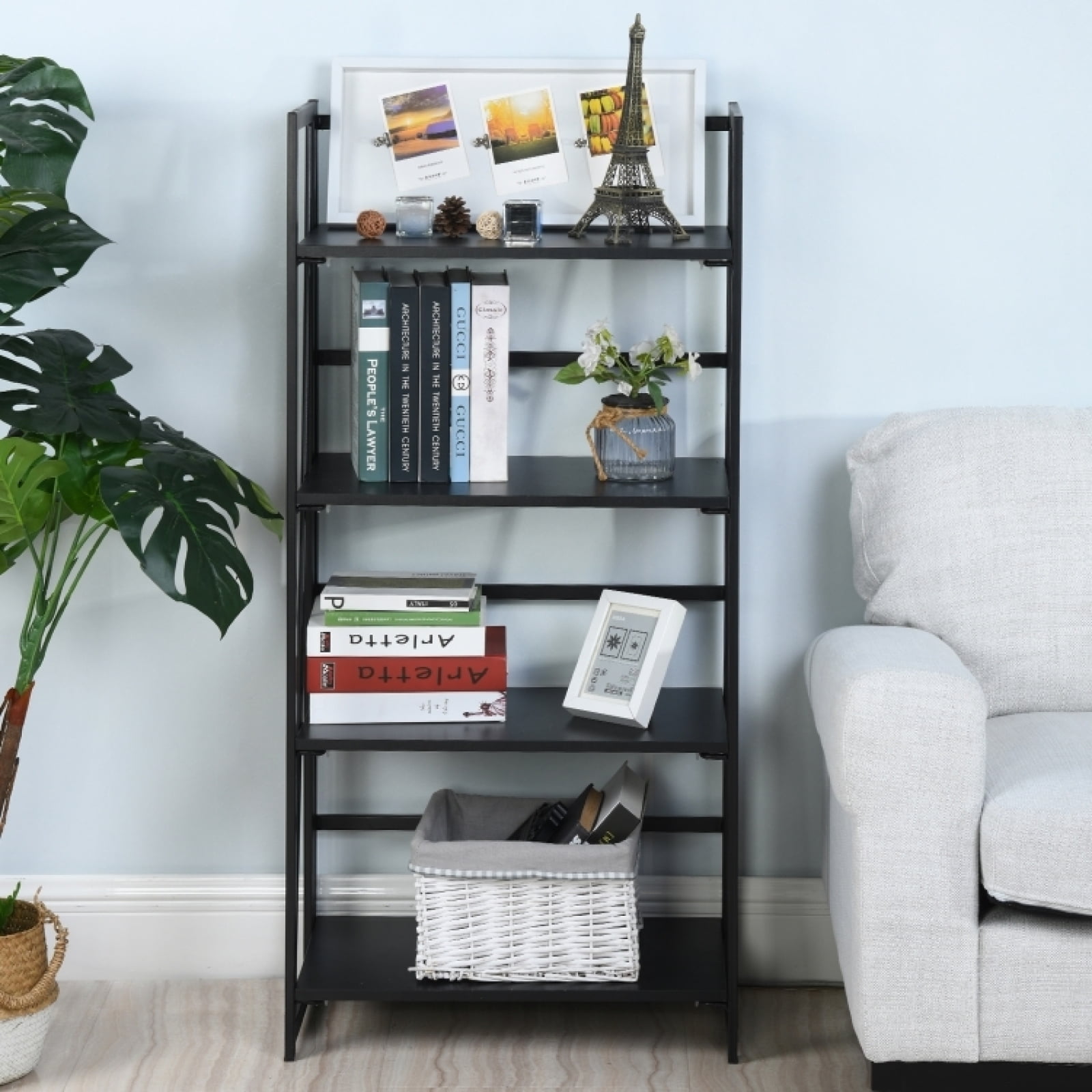 No-Assembly Folding Bookshelf, Storage Shelves 4 Tiers, Stand Storage ...