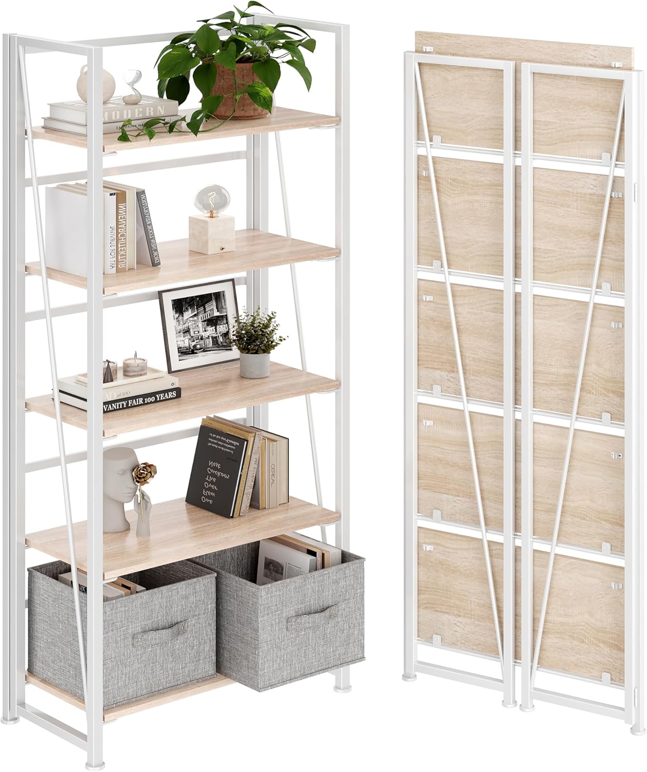 No-Assembly Folding Bookshelf Storage Shelves 5 Tiers Vintage Bookcase ...