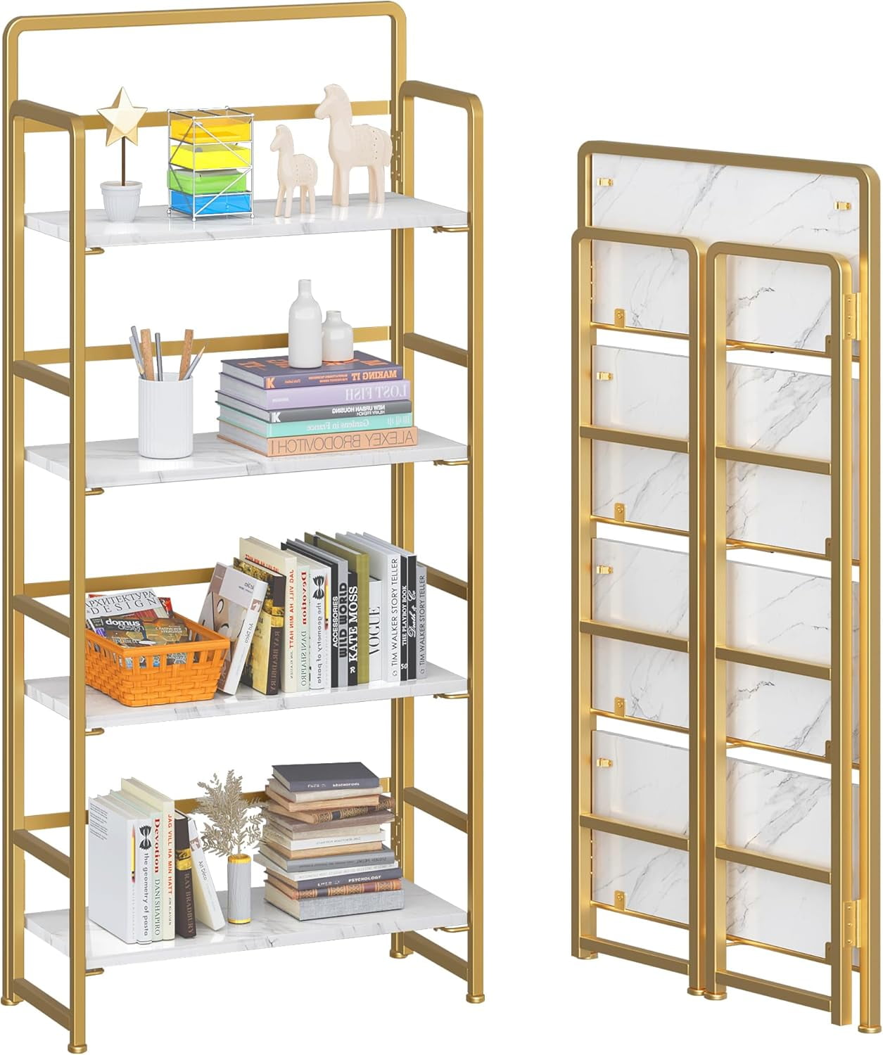 No-Assembly Folding Bookshelf Storage Shelves 5 Tiers Vintage Bookcase ...