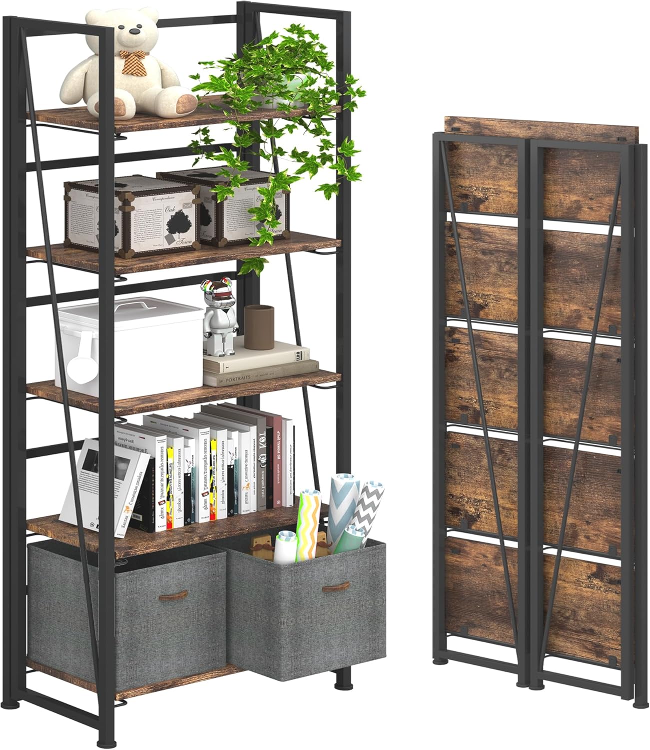 No-Assembly Folding Bookshelf Storage Shelves 5 Tiers Vintage Bookcase ...