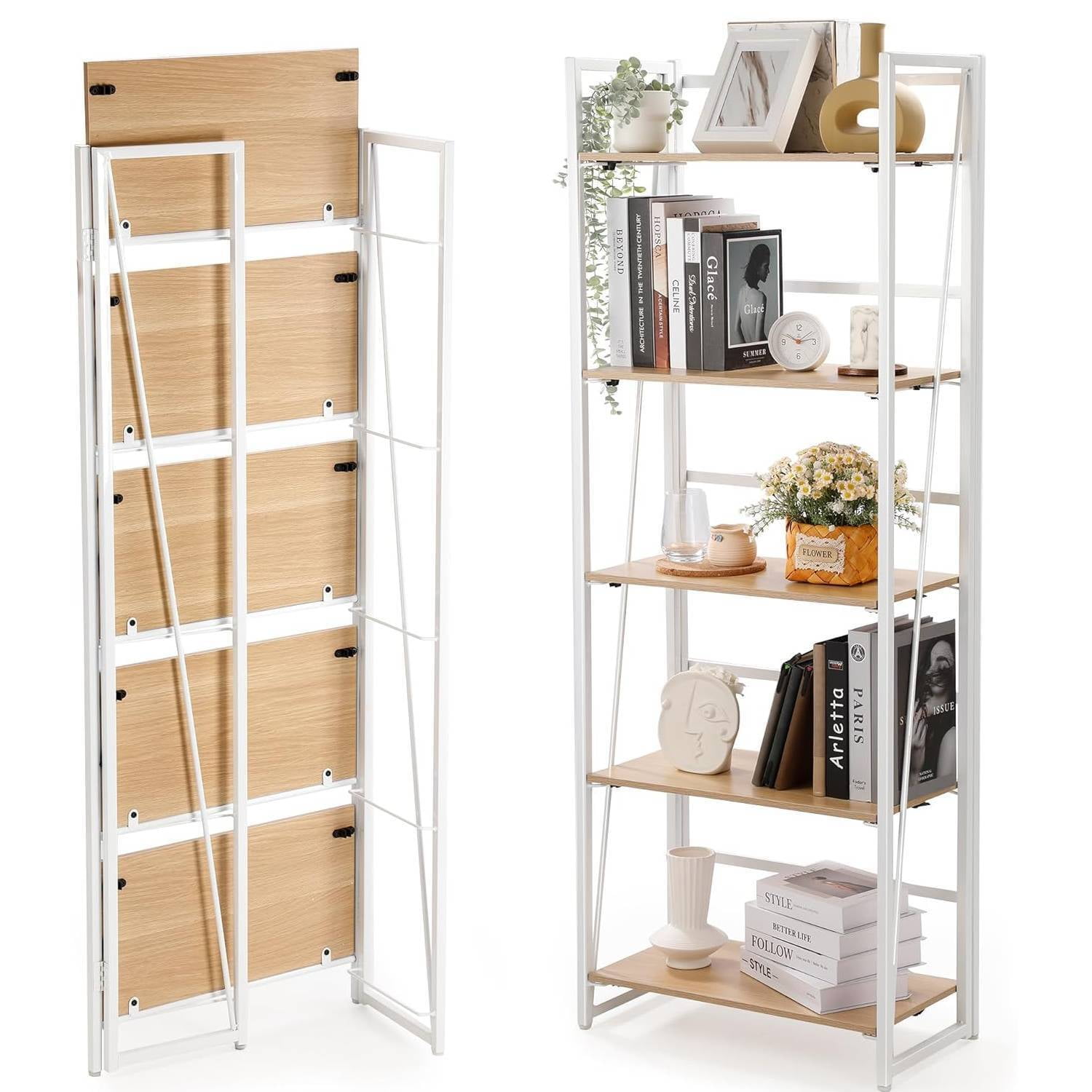 No-Assembly Folding Bookshelf Storage Shelves 5 Tiers Vintage Bookcase ...