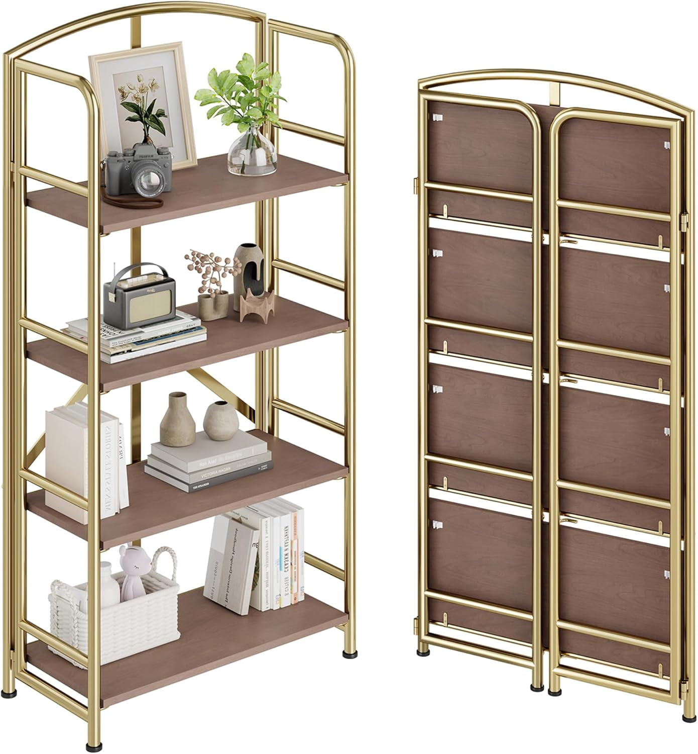 No-Assembly Folding Bookshelf Storage Shelves s Vintage Multifunctional ...