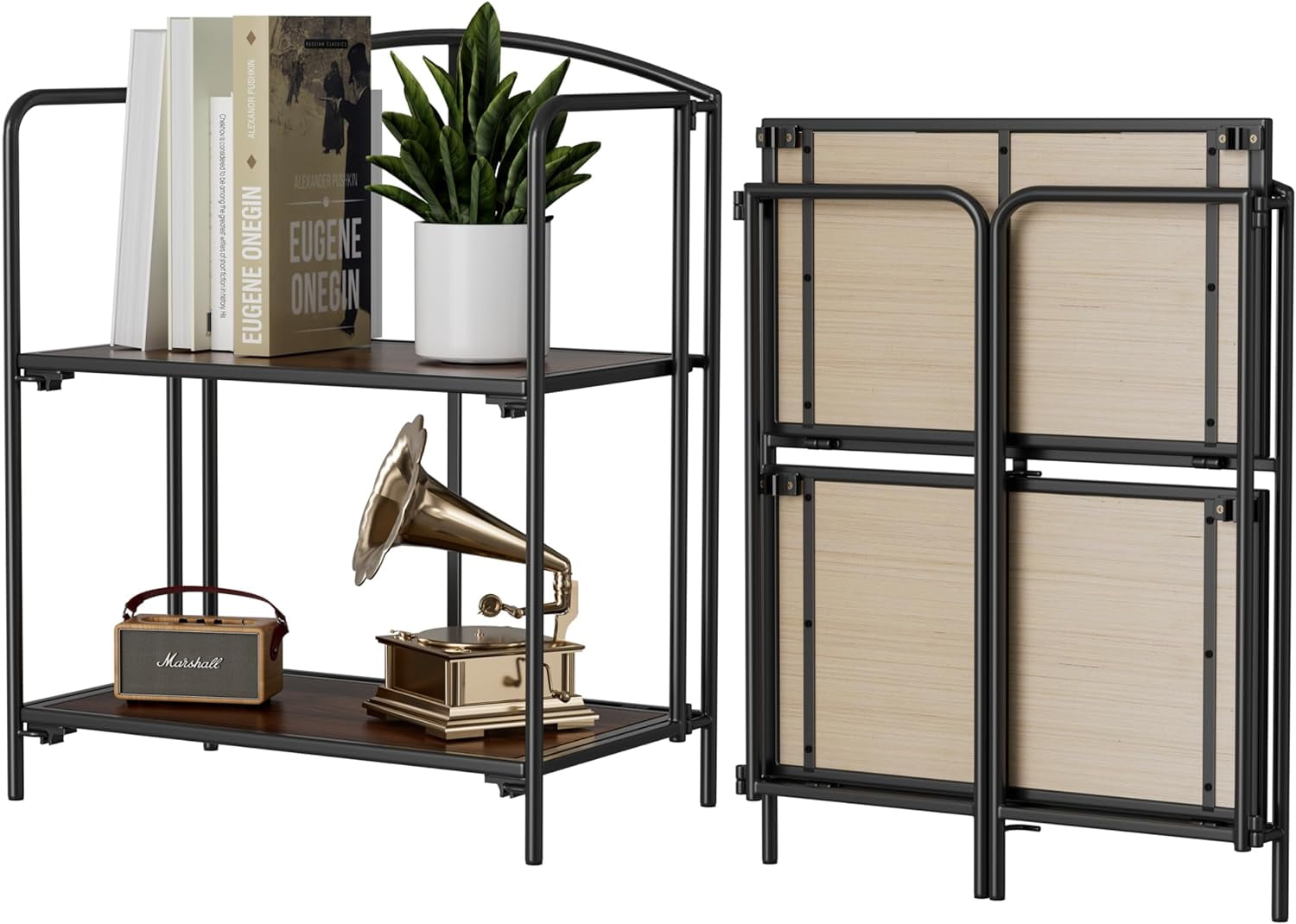 No Assembly Folding Bookshelf for Living Room, 2 Tier Black Collapsible ...