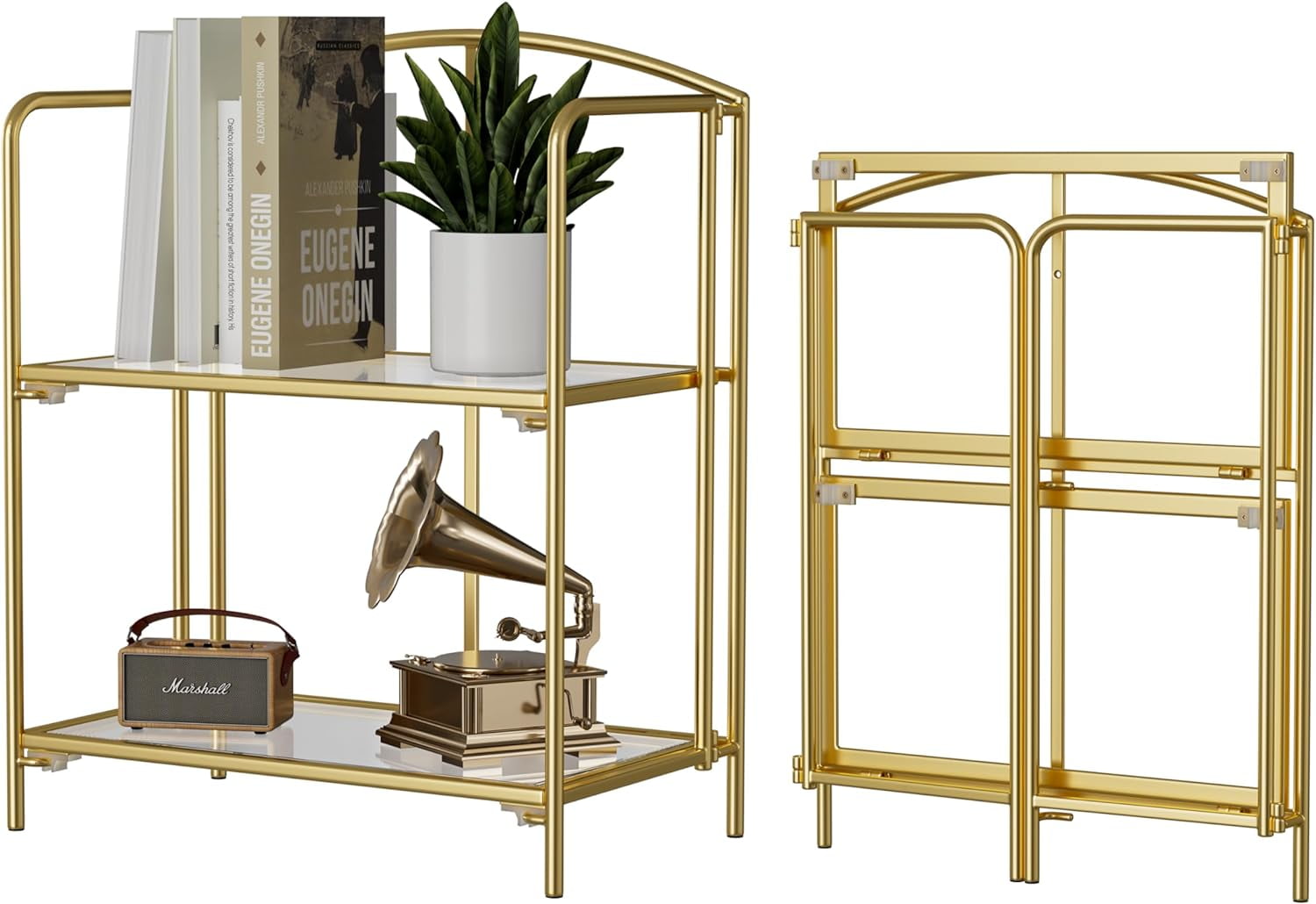No Assembly Folding Bookshelf for Living Room, 2 Tier Gold Collapsible ...