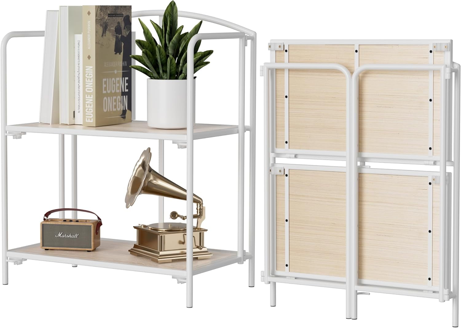 No Assembly Folding Bookshelf for Living Room, 2 Tier White Collapsible ...