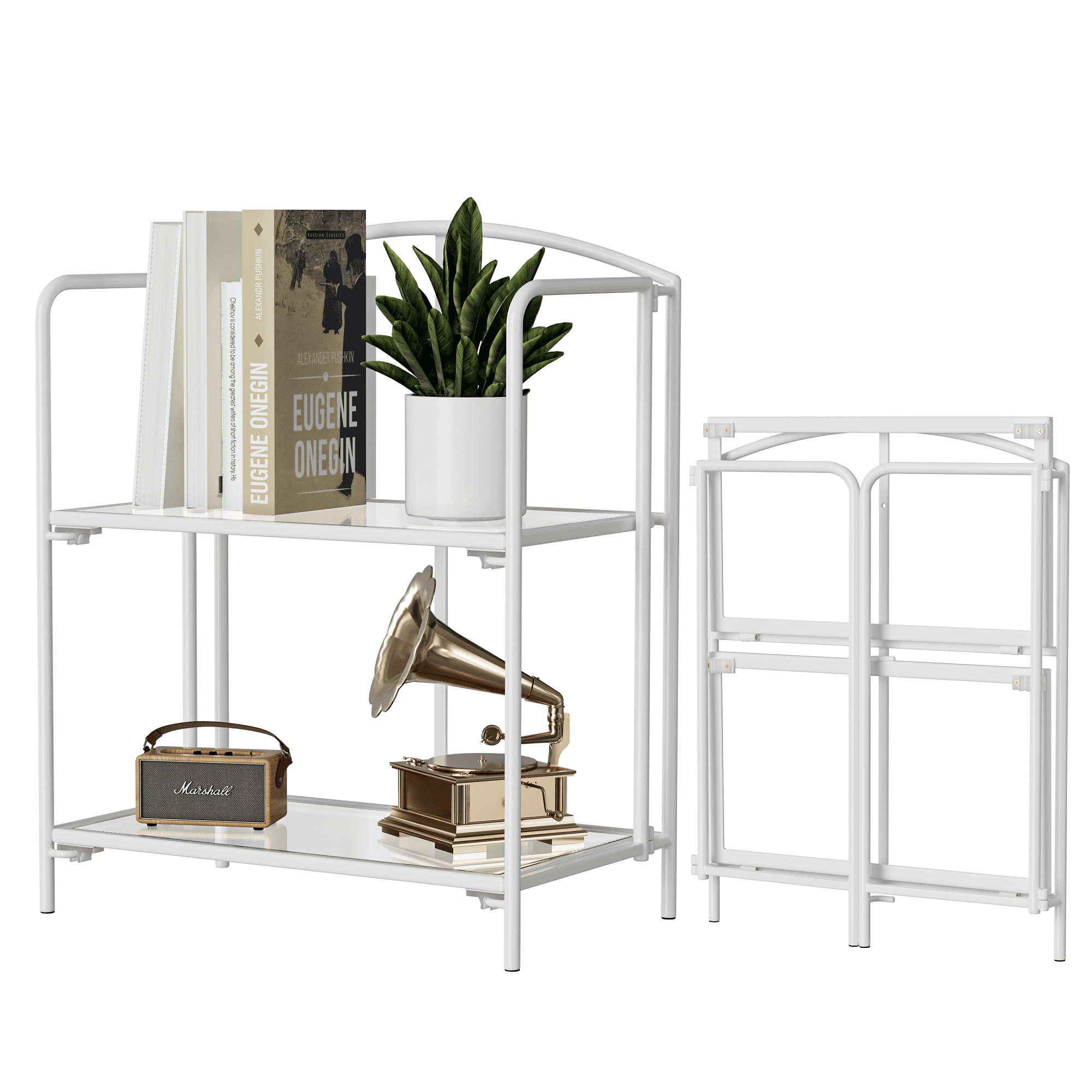 No Assembly Folding Bookshelf for Living Room, 2 Tier White Collapsible ...