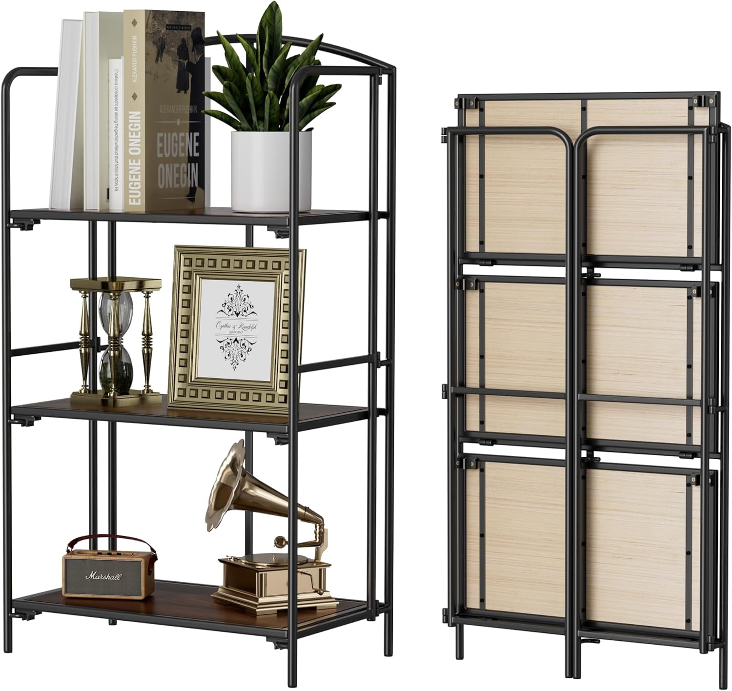 No Assembly Folding Bookshelf for Living Room, 3 Tier Black Collapsible ...