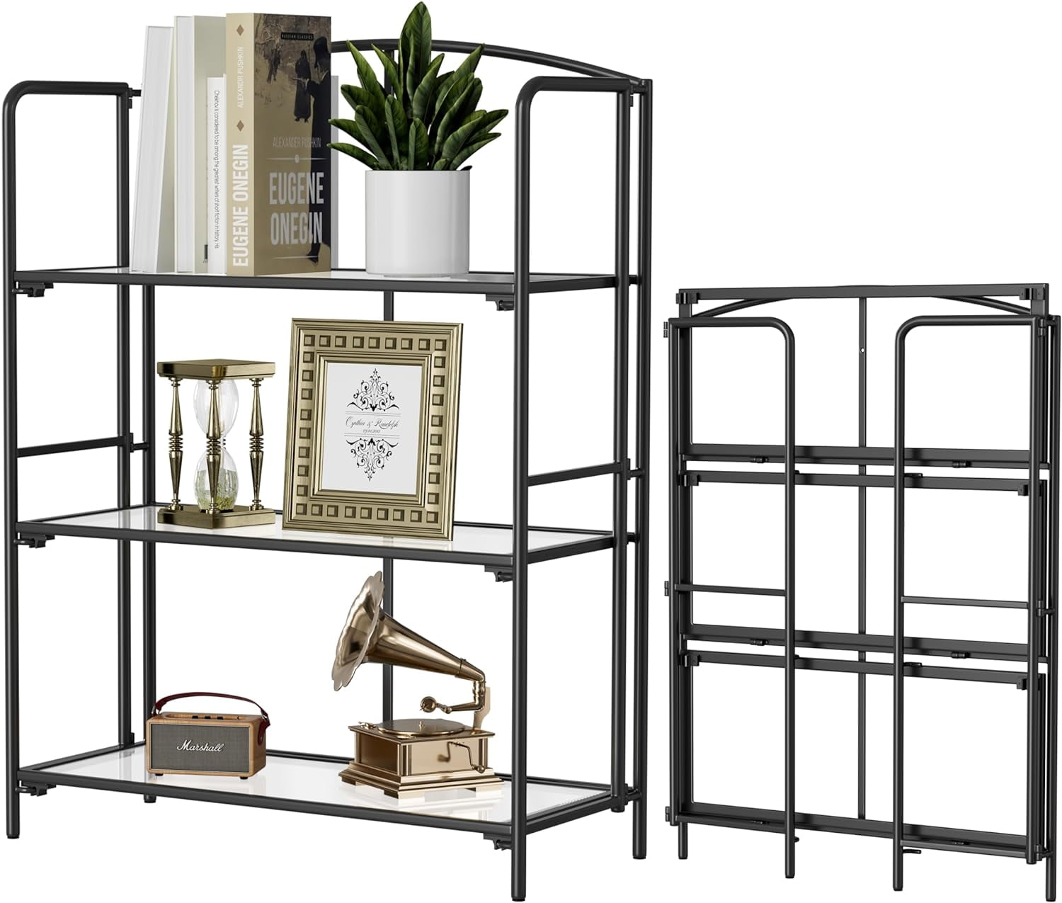 No Assembly Folding Bookshelf for Living Room, 3 Tier Black Collapsible ...