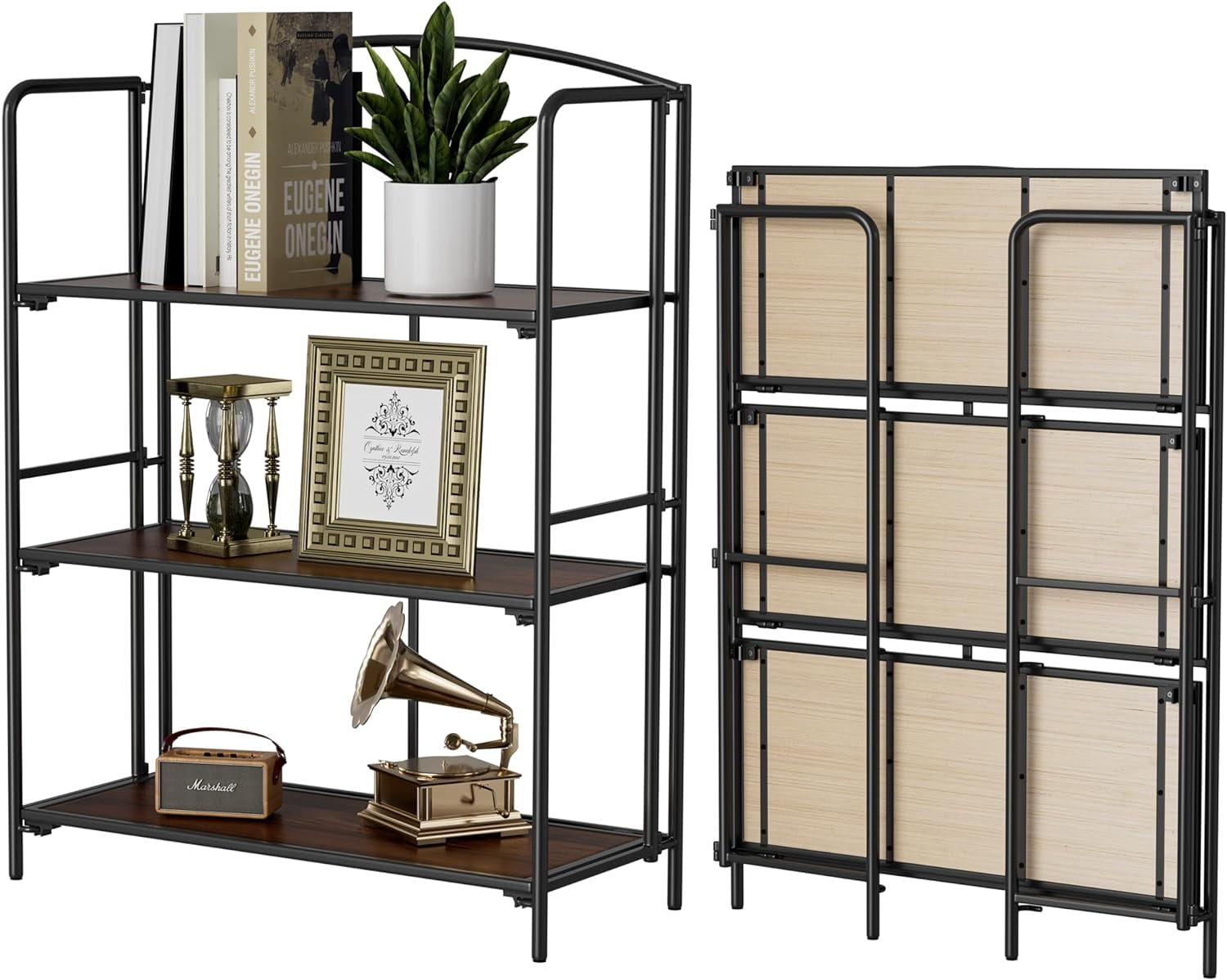 No Assembly Folding Bookshelf for Living Room, 3 Tier Black Collapsible ...