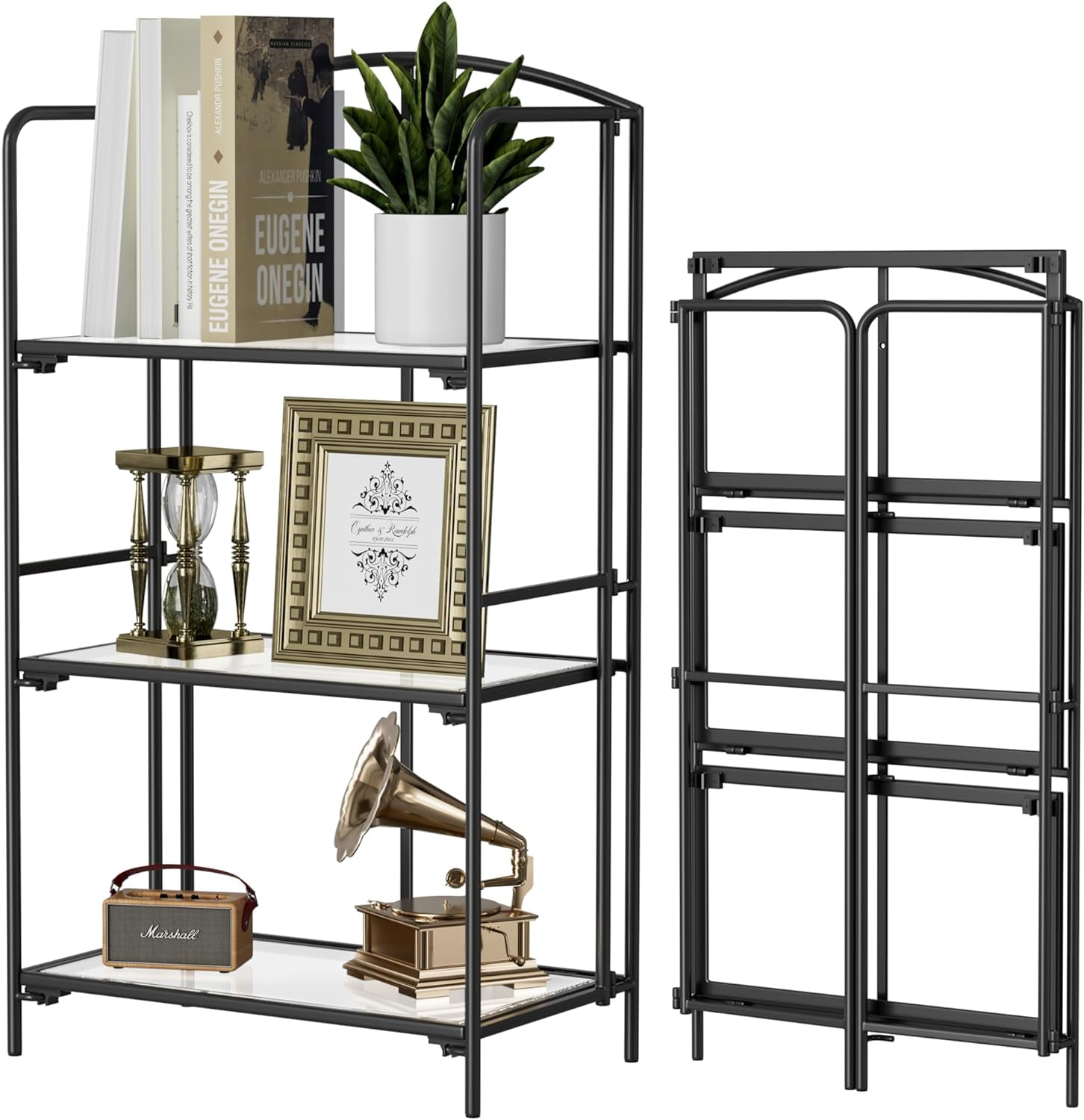 No Assembly Folding Bookshelf for Living Room, 3 Tier Black Collapsible ...