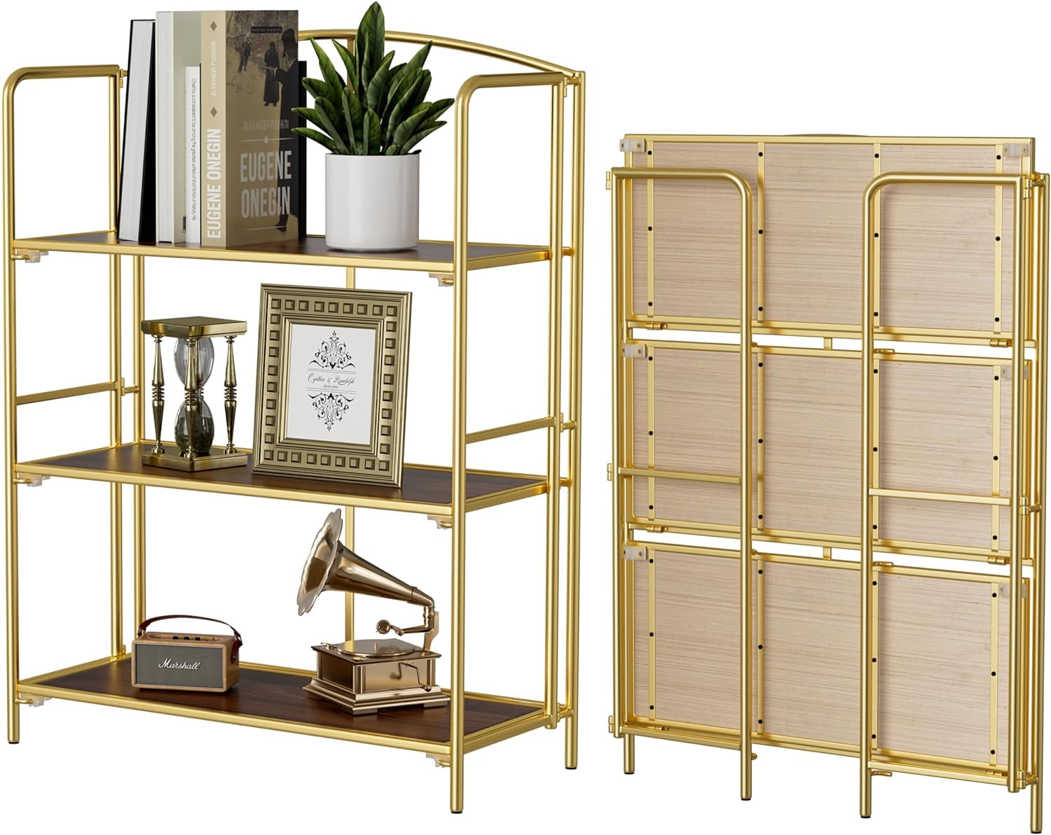 No Assembly Folding Bookshelf for Living Room, 3 Tier Gold Collapsible ...