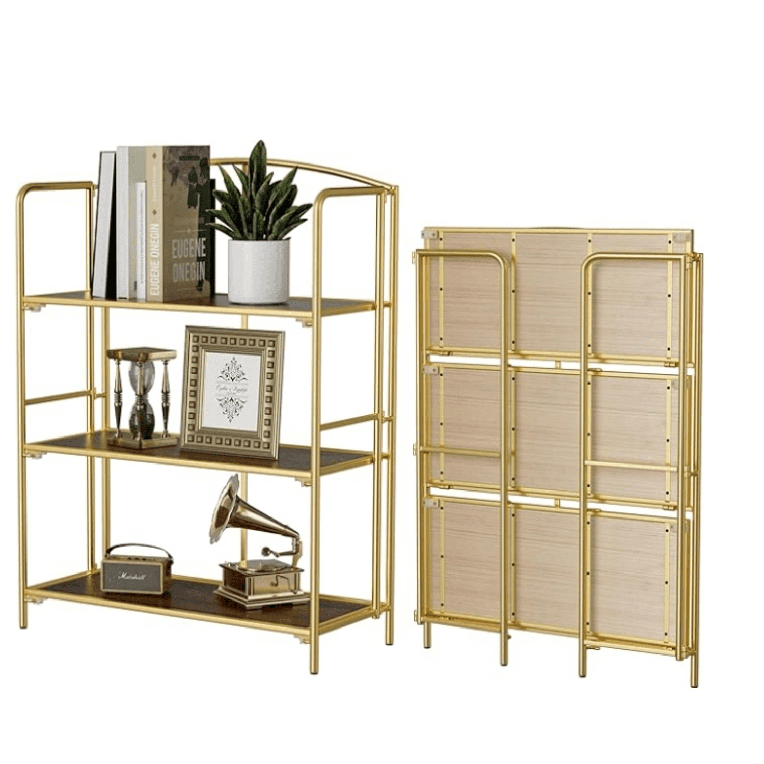 No Assembly Folding Bookshelf for Living Room, 3 Tier Gold Collapsible ...