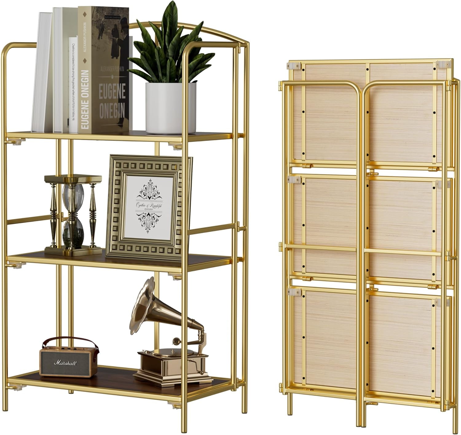 No Assembly Folding Bookshelf for Living Room, 3 Tier Gold Collapsible ...