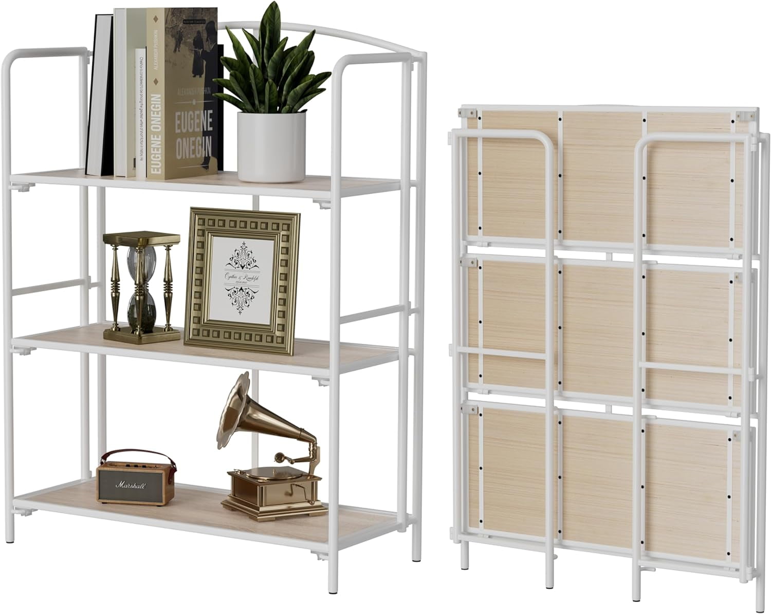 No Assembly Folding Bookshelf for Living Room, 3 Tier White Collapsible ...