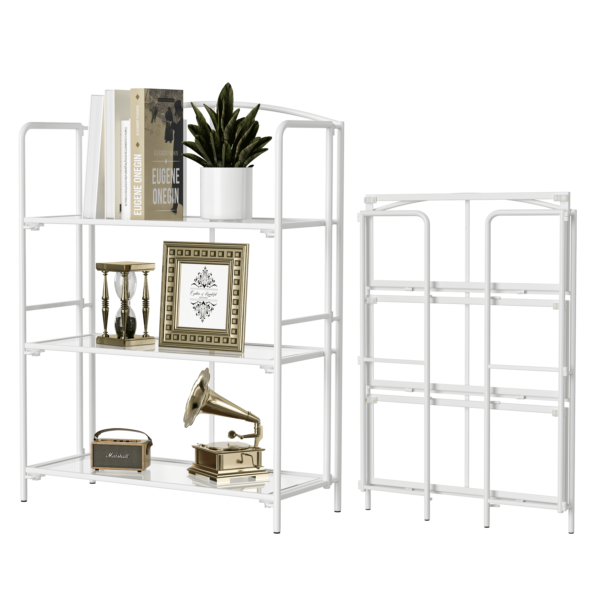 No Assembly Folding Bookshelf for Living Room, 3 Tier White Collapsible ...