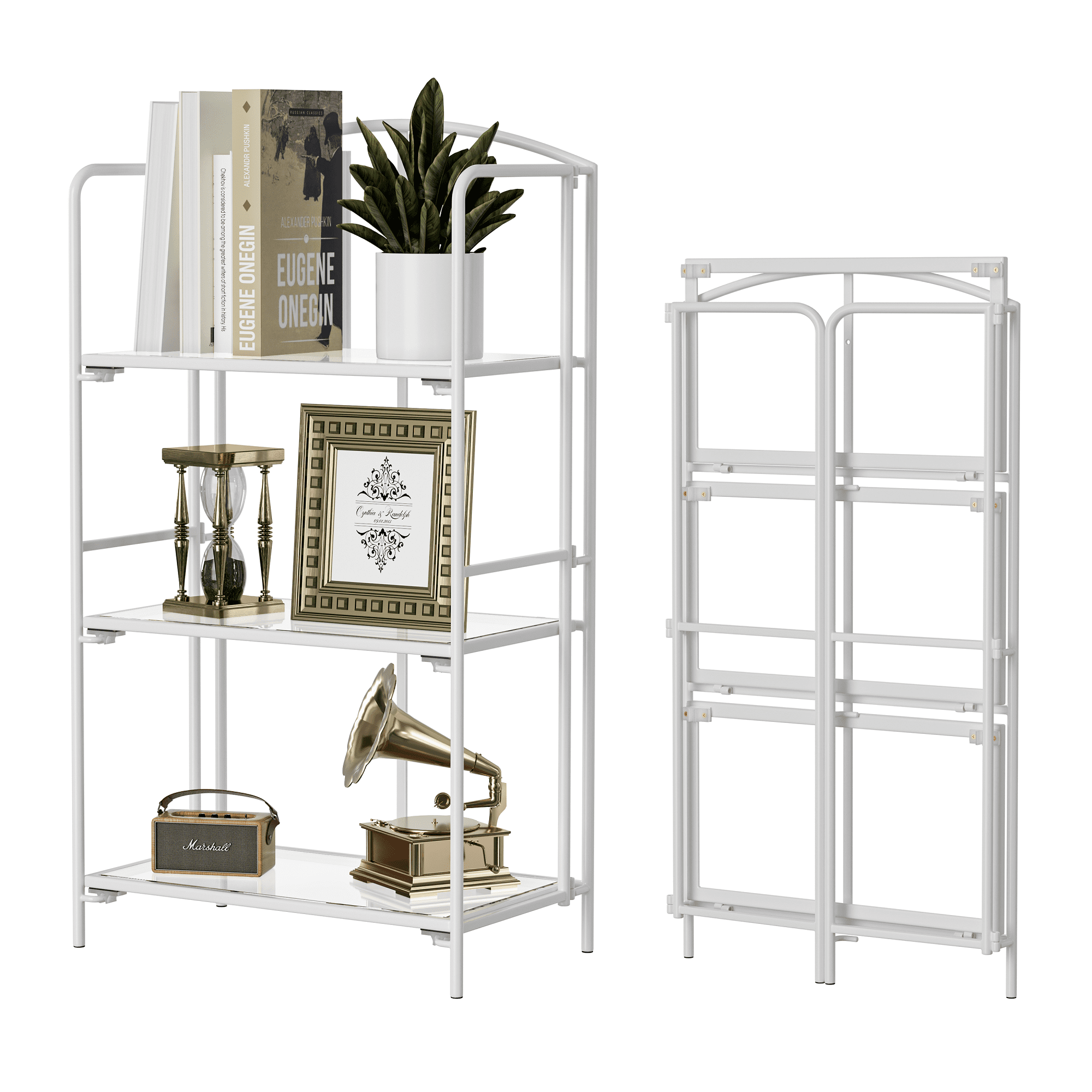 No Assembly Folding Bookshelf for Living Room, 3 Tier White Collapsible ...