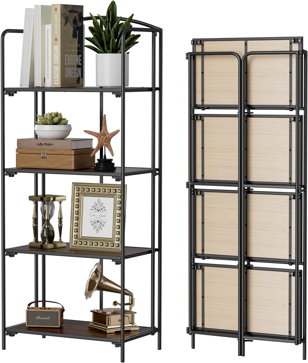 No Assembly Folding Bookshelf for Living Room, 4 Tier Black Collapsible ...