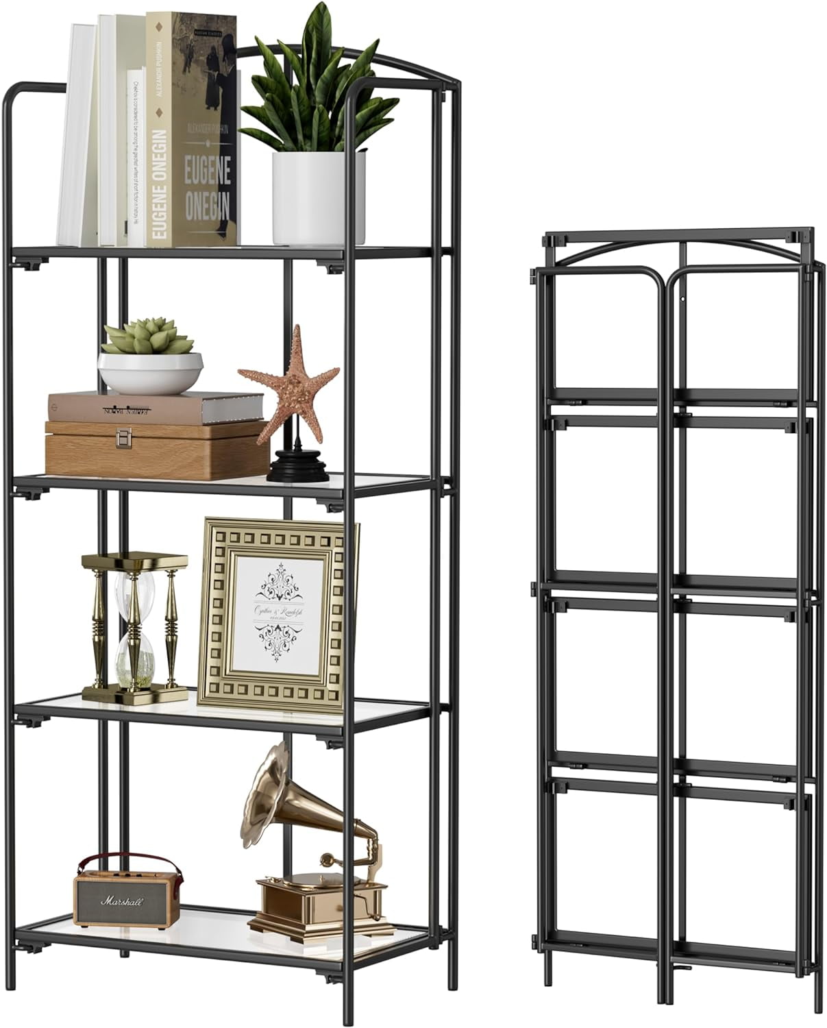 No Assembly Folding Bookshelf for Living Room, 4 Tier Black Collapsible ...