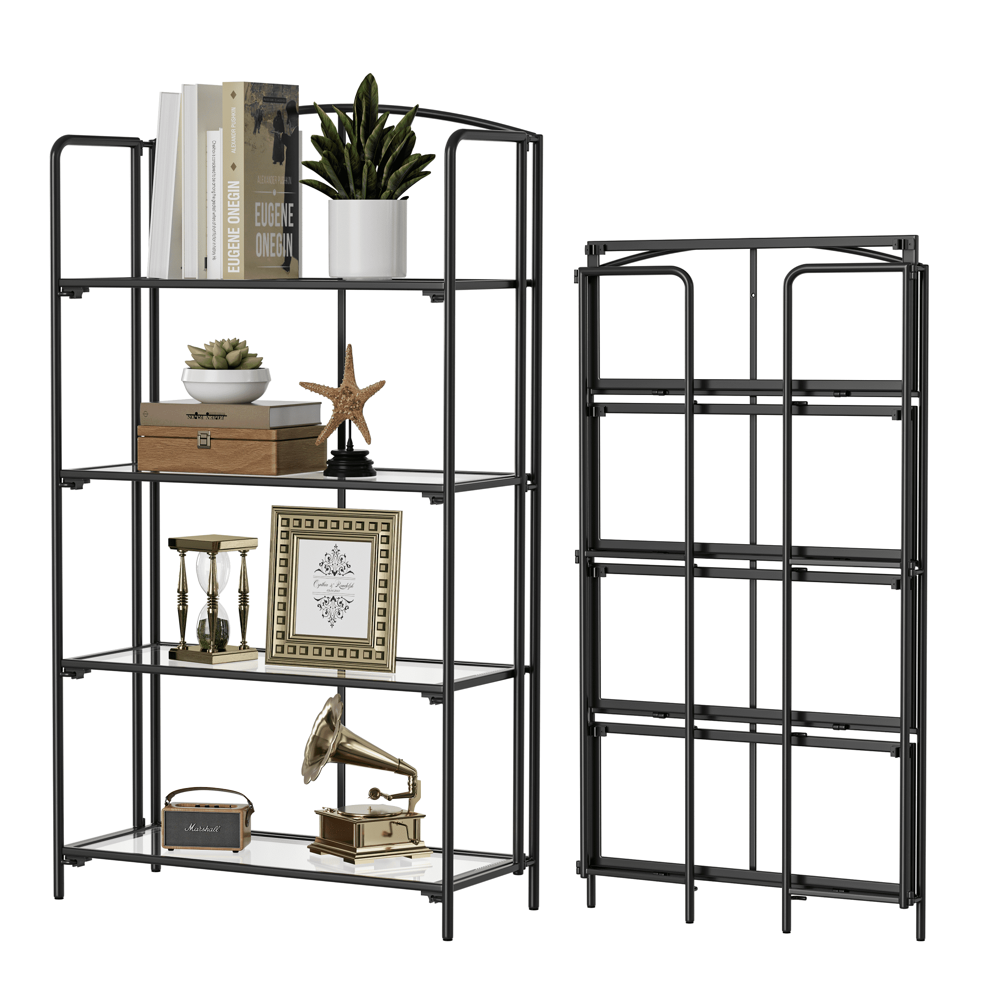 No Assembly Folding Bookshelf for Living Room, 4 Tier Black Collapsible ...