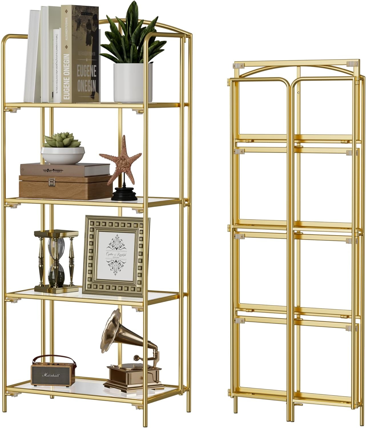 No Assembly Folding Bookshelf for Living Room, 4 Tier Gold Collapsible ...