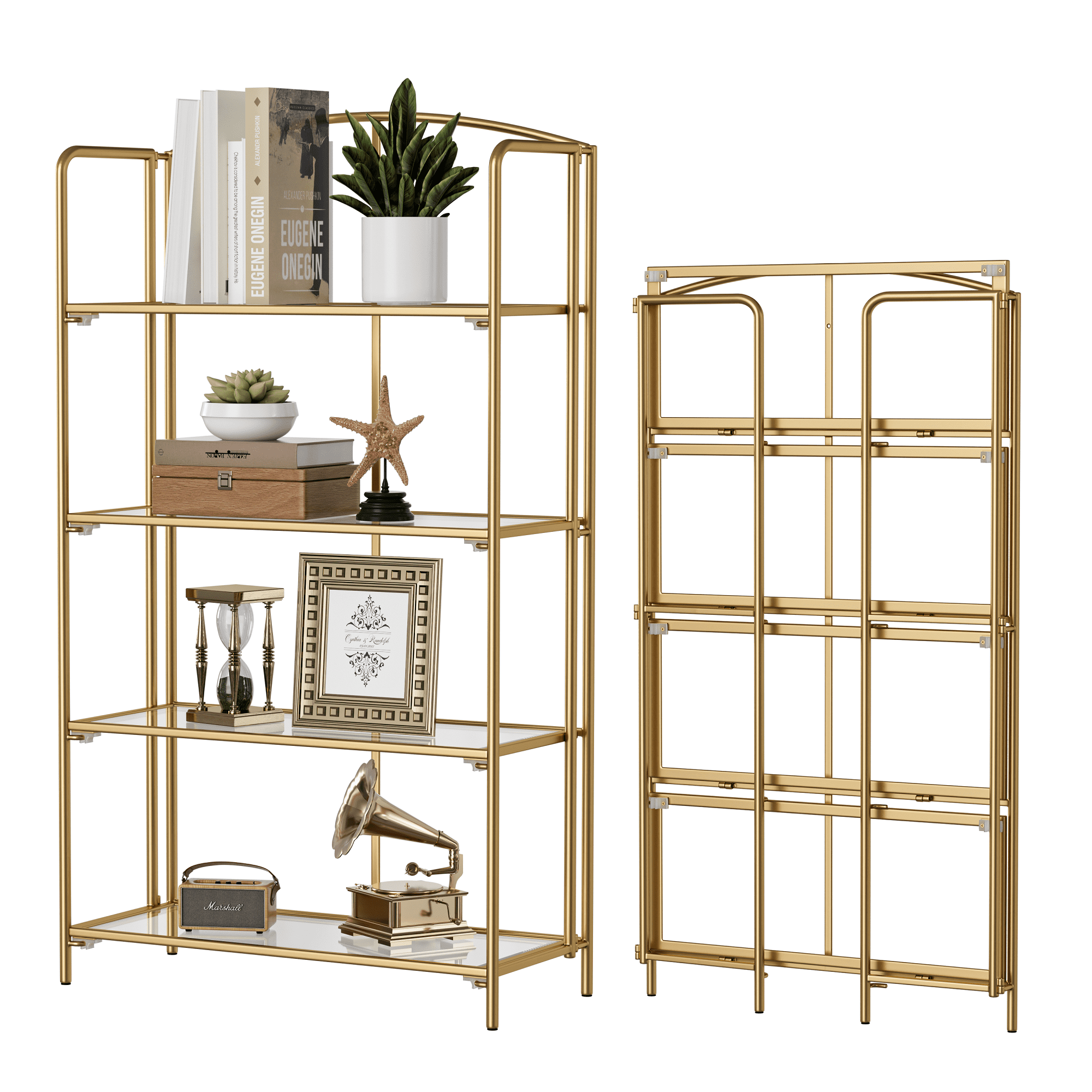 No Assembly Folding Bookshelf for Living Room, 4 Tier Gold Collapsible ...